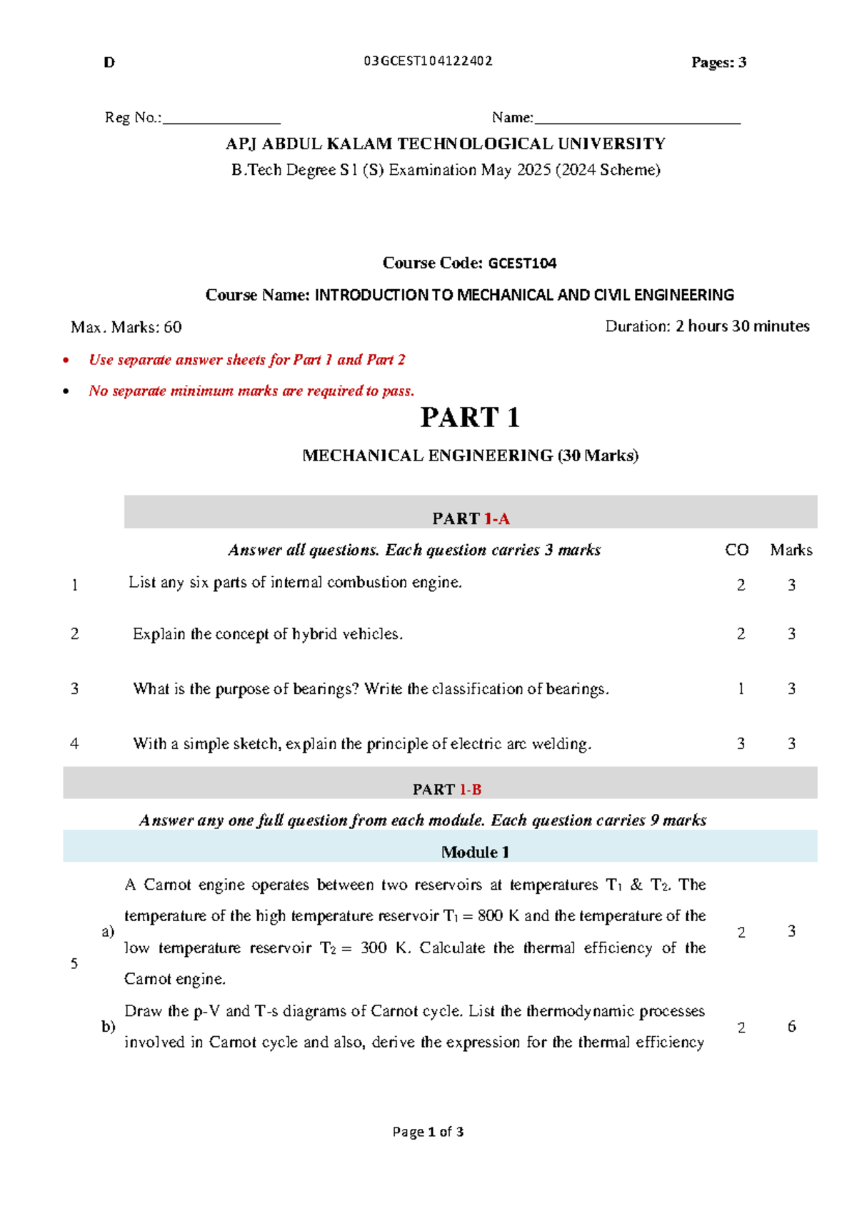 03GCEST104 - Previous Year Question Paper for Intro to Mech & Civil ...