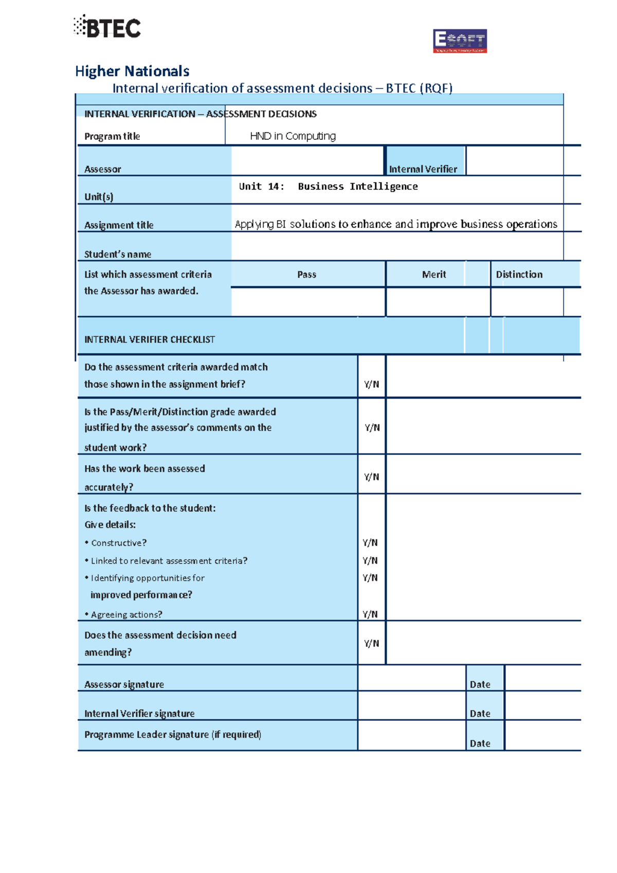 HND Computing - Unit 14: Business Intelligence Assignment 01 Guide - Studocu