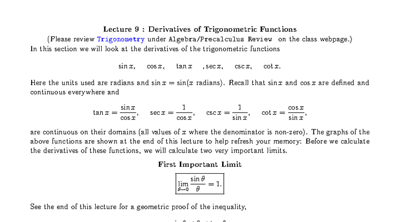 9. Trigonometric Functions - Lecture 9 : Derivatives of Trigonometric ...