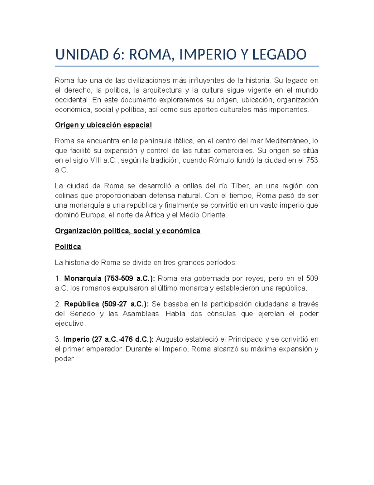 Unidad 6 ROMA - RESUMEN DE ROMA, PRINCIPALES CARACTERISTICAS - UNIDAD 6 ...