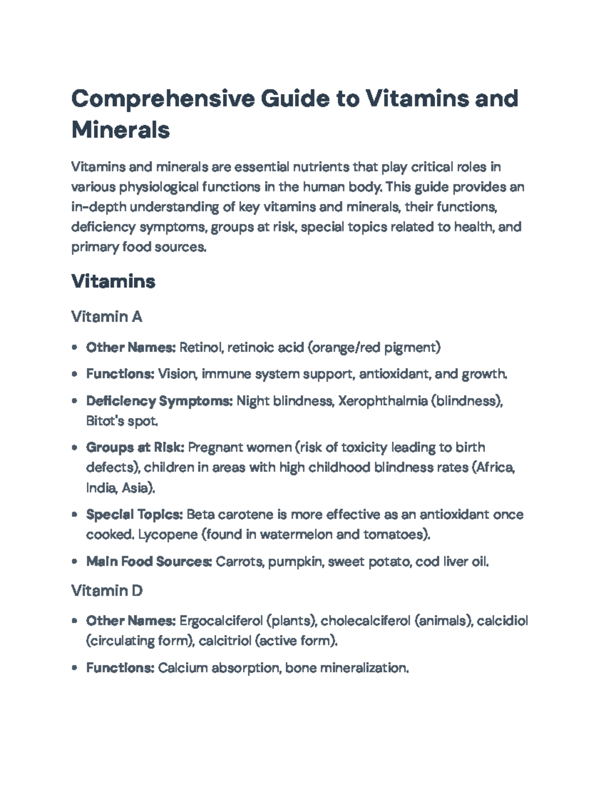 Comprehensive Guide to Vitamins and Minerals: Functions and Sources ...