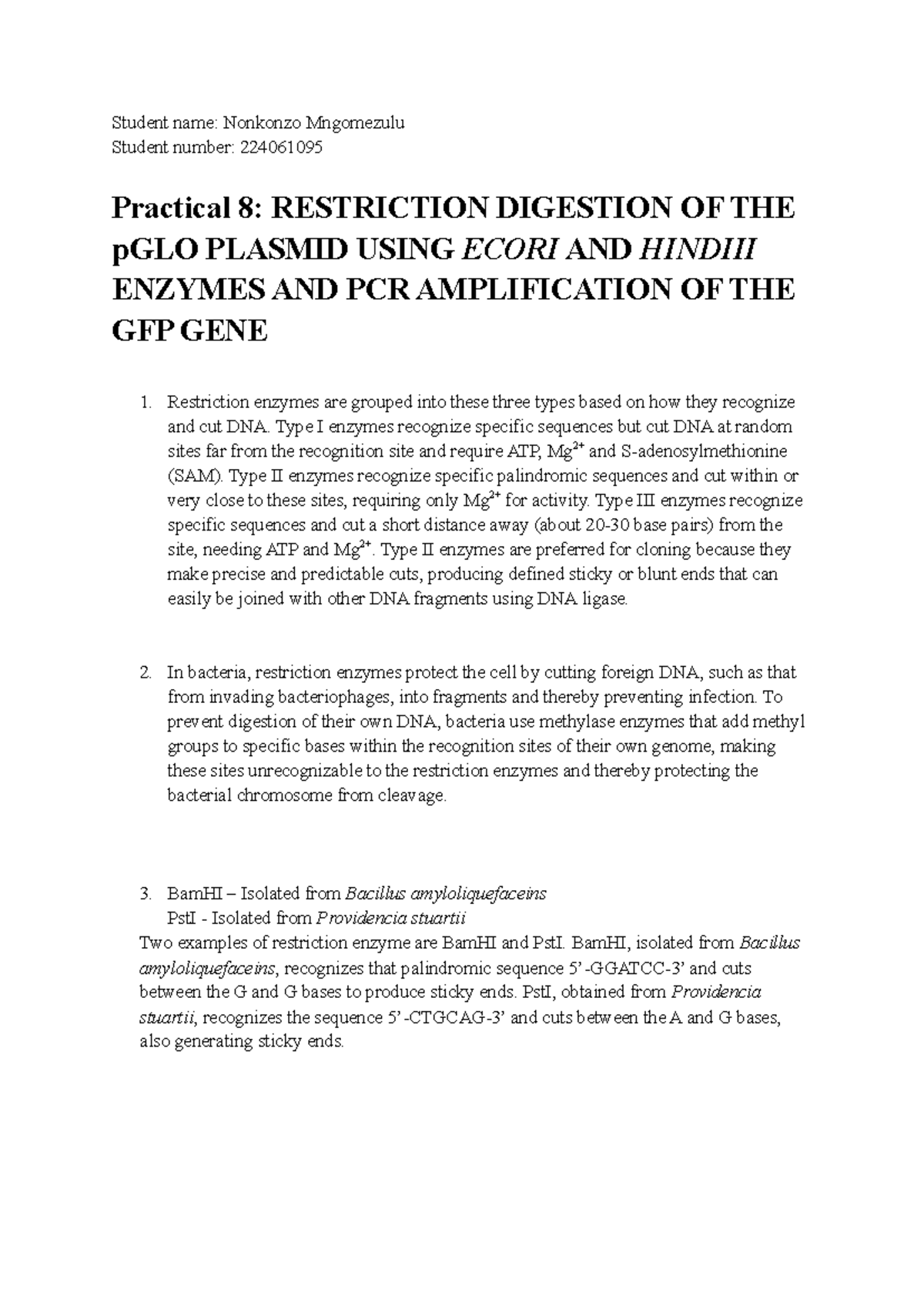 Practical 8: Restriction Digestion of pGLO Plasmid and GFP PCR - Studocu