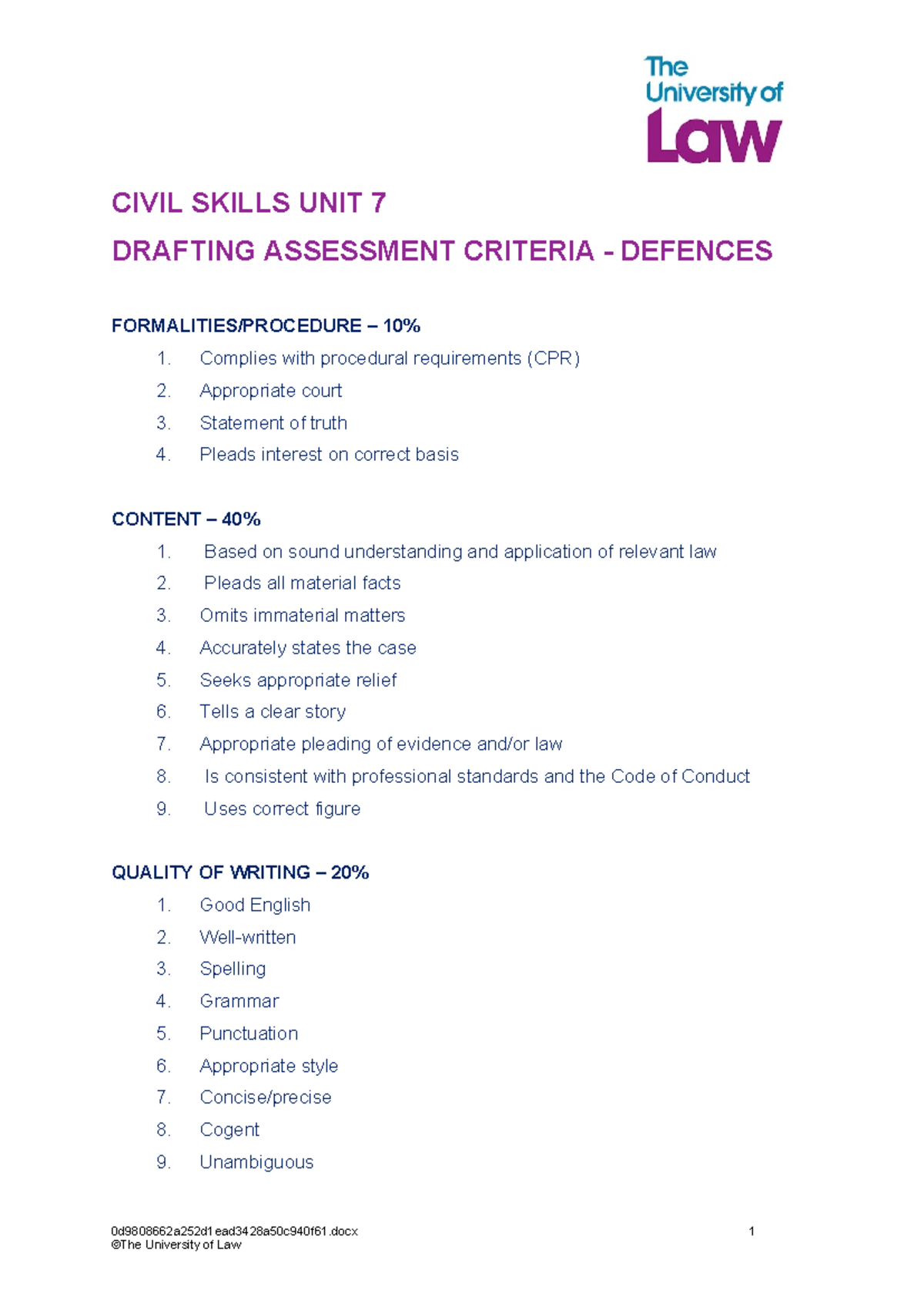 CIVIL SKILLS UNIT 7 DEFENCE DRAFTING ASSESSMENT CRITERIA - Studocu