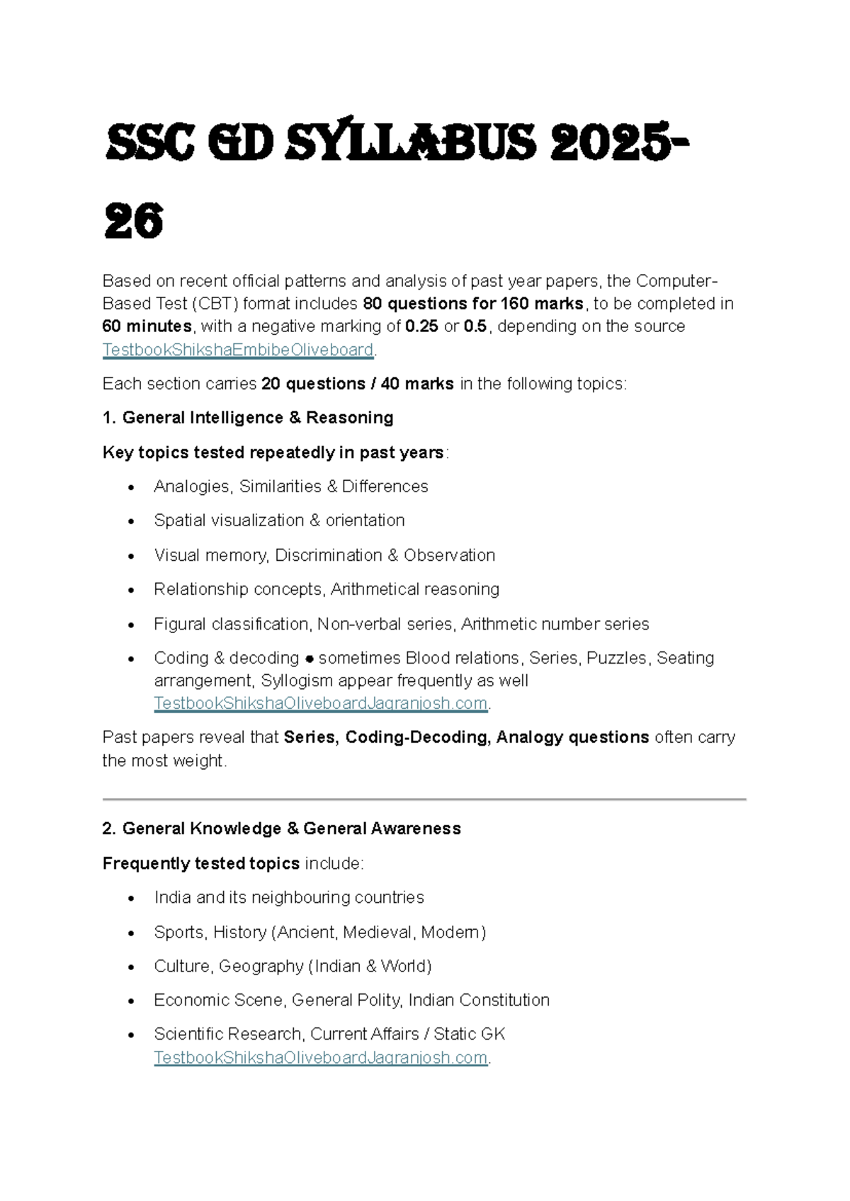 SSC GD Syllabus 2025-26: CBT Format & Key Topics Analysis - Studocu