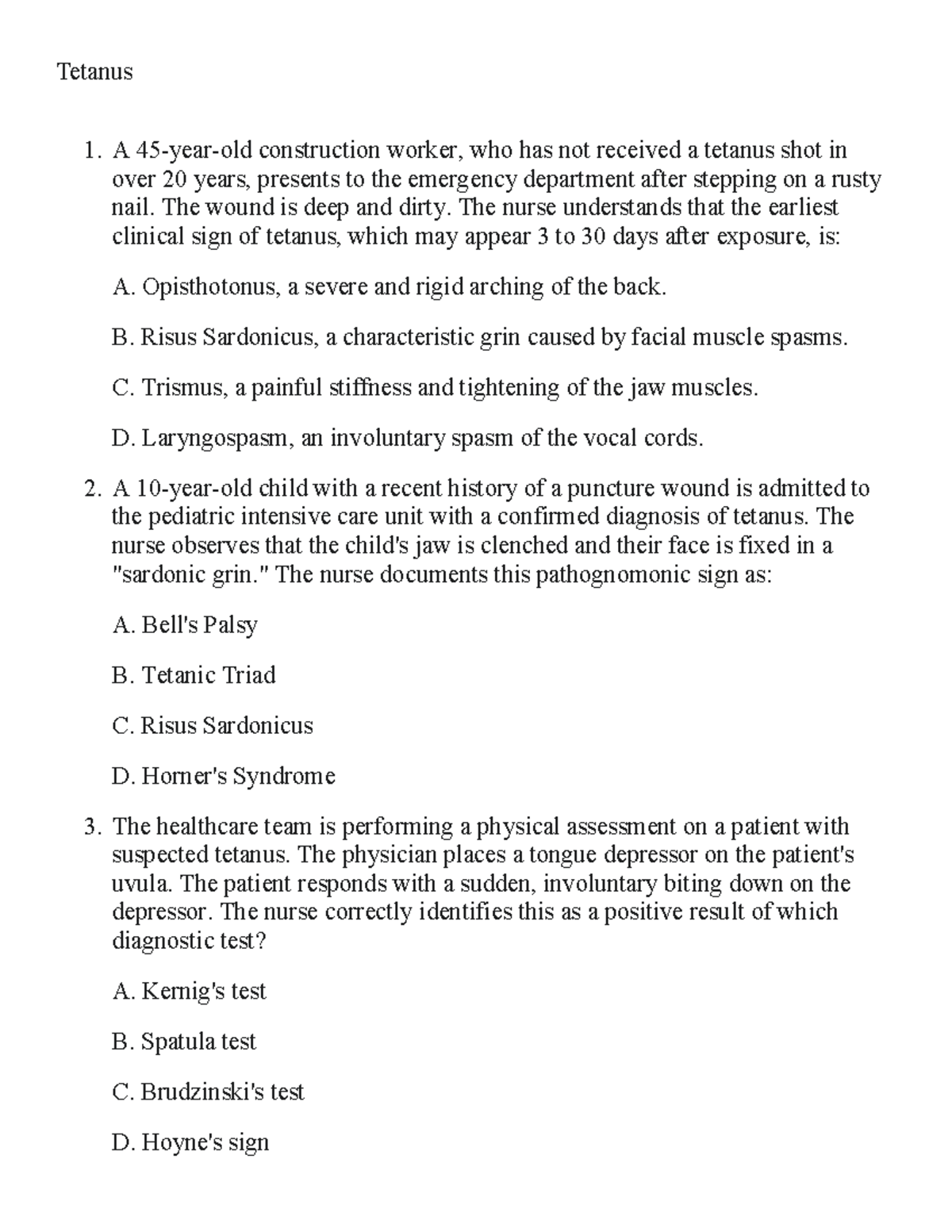Tetanus Practice Exam: Key Concepts and Nursing Interventions - Studocu