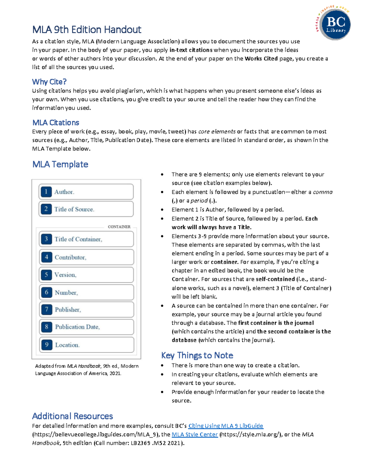 MLA9- Handout Winter 2022 - MLA 9 th Edition Handout As a citation ...