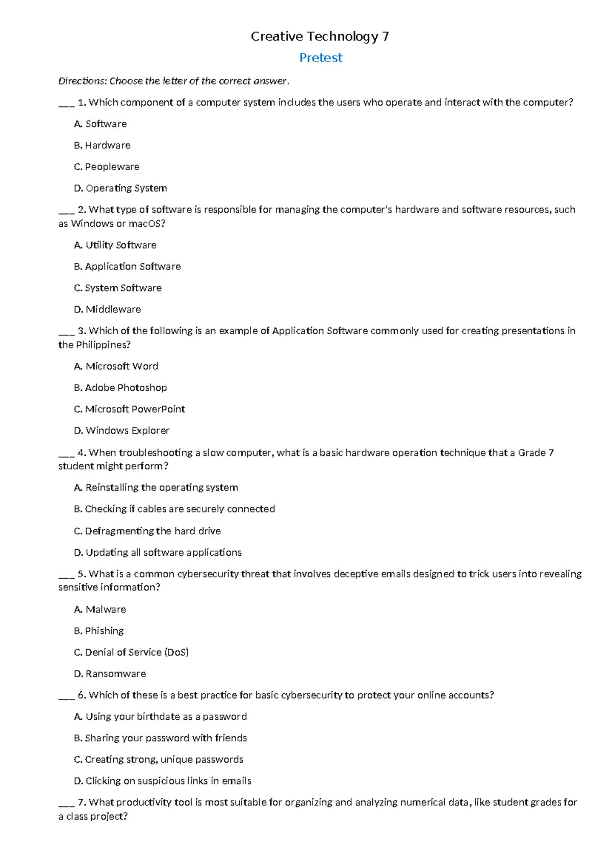 Creative Tech 7 Pretest: Multiple Choice Questions and Answers - Studocu