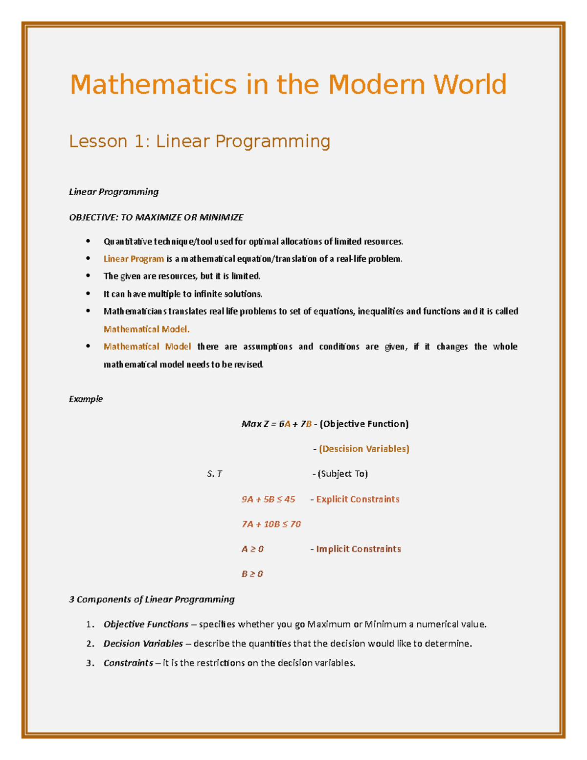 Mitmw Lesson-1 Linear-Programming - Mathematics in the Modern World Lesson 1: Linear Programming ...