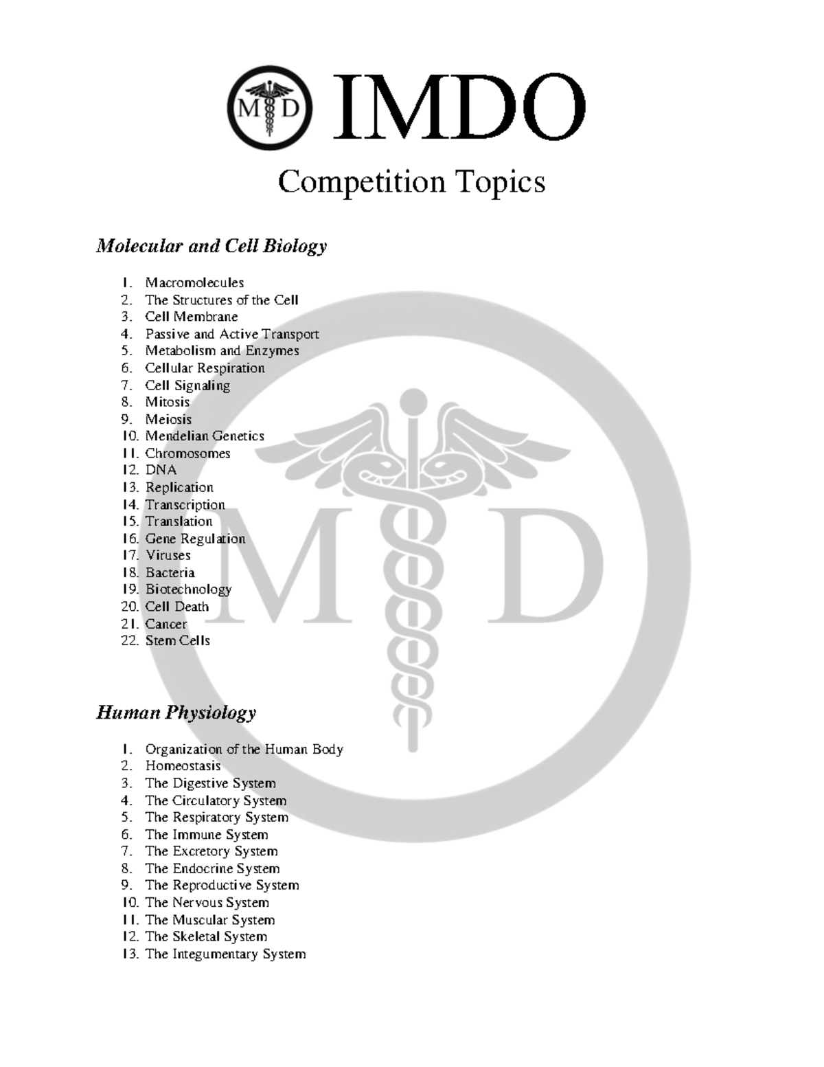 IMDO Competition Topics: Molecular Biology & Human Physiology Insights ...