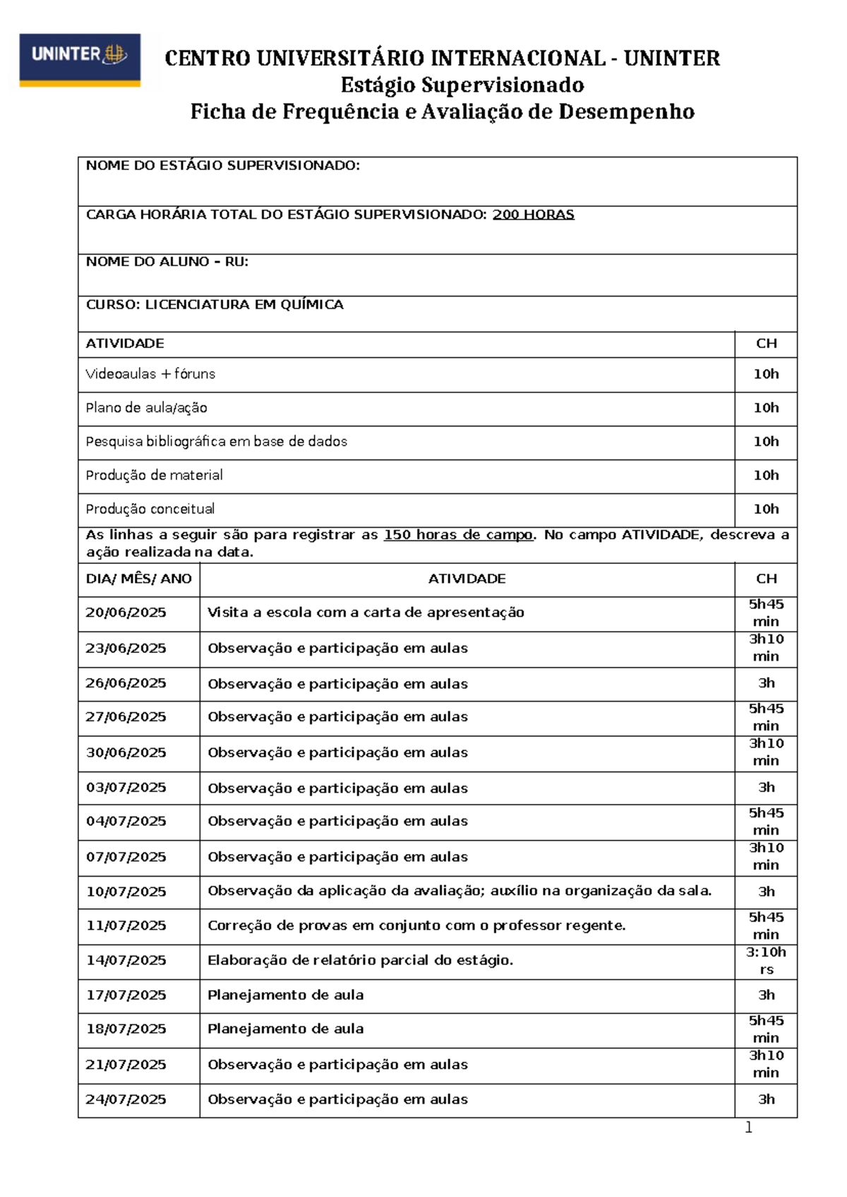 Estágio Supervisionado em Química - Ficha de Frequência e Desempenho ...