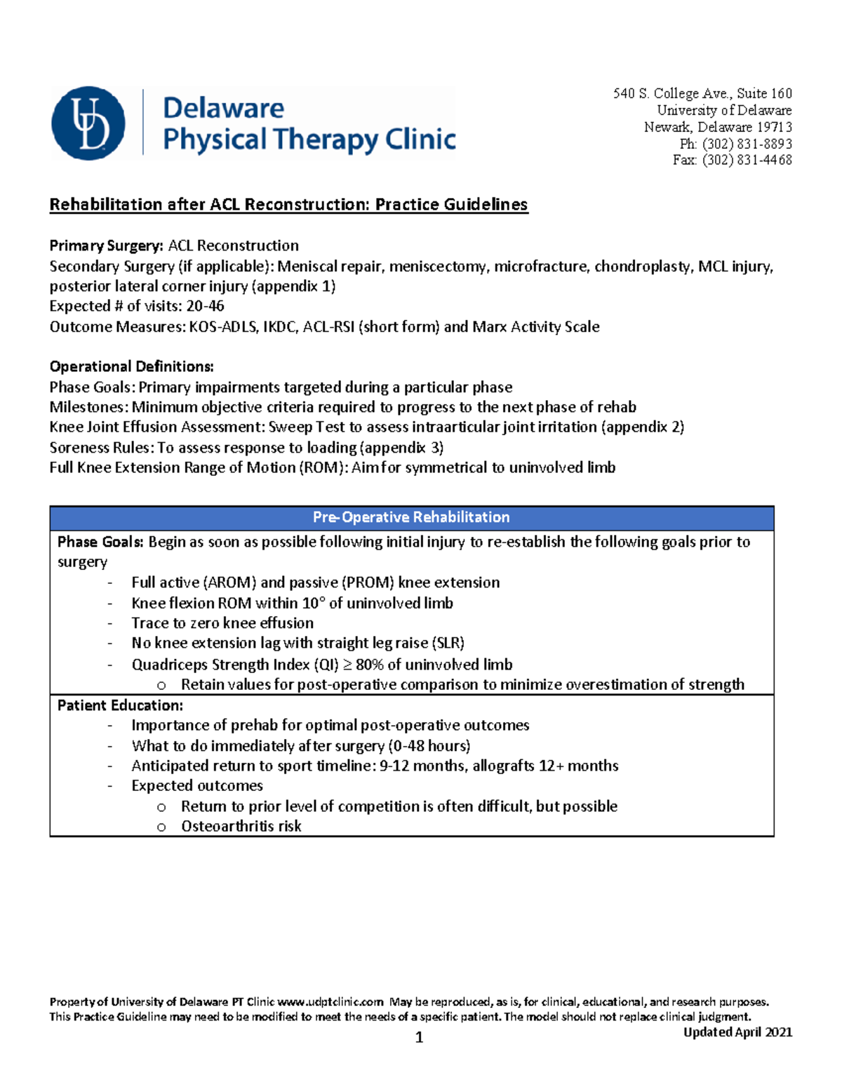 Brinlee ACL Reconstruction Rehab Guidelines (PT 540) - Studocu