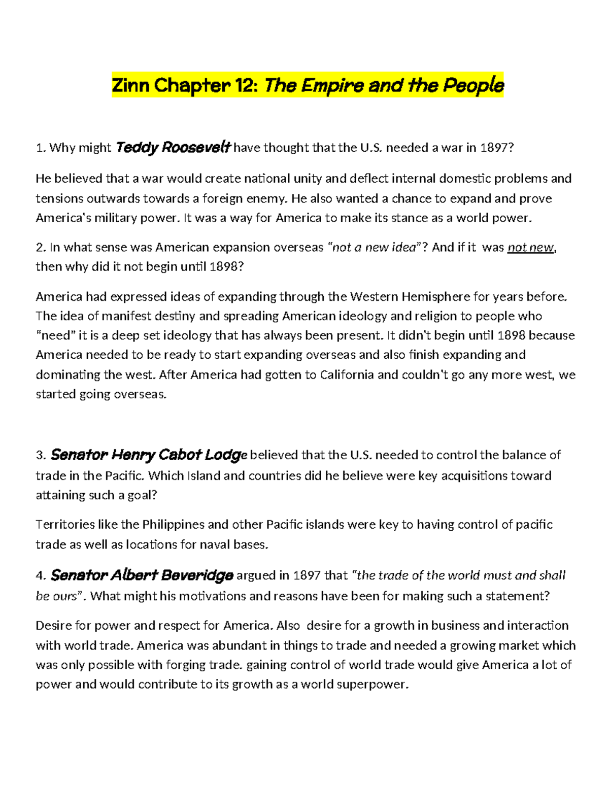 Zinn Questions Chapter 12: The Empire & the People Analysis - Studocu