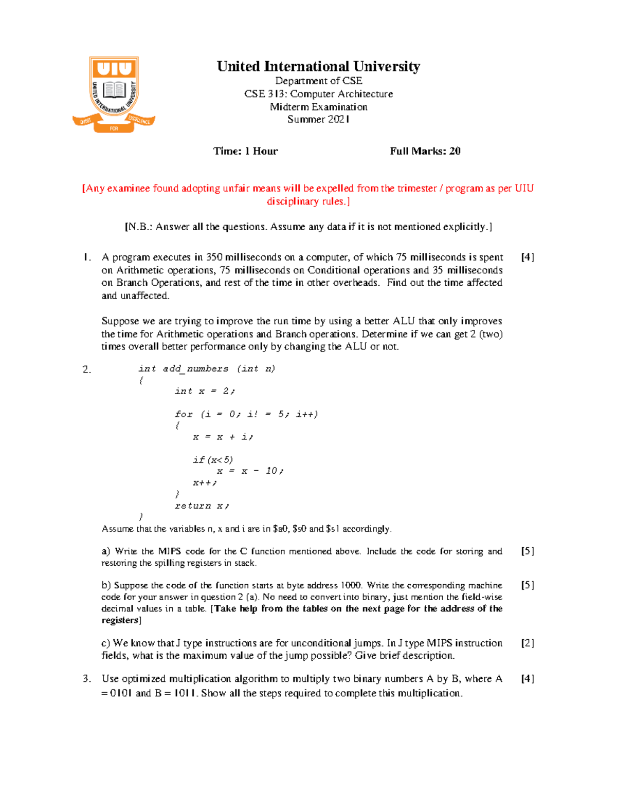 CSE 313 Computer Architecture Midterm Question - Summer 2021 - United International University ...