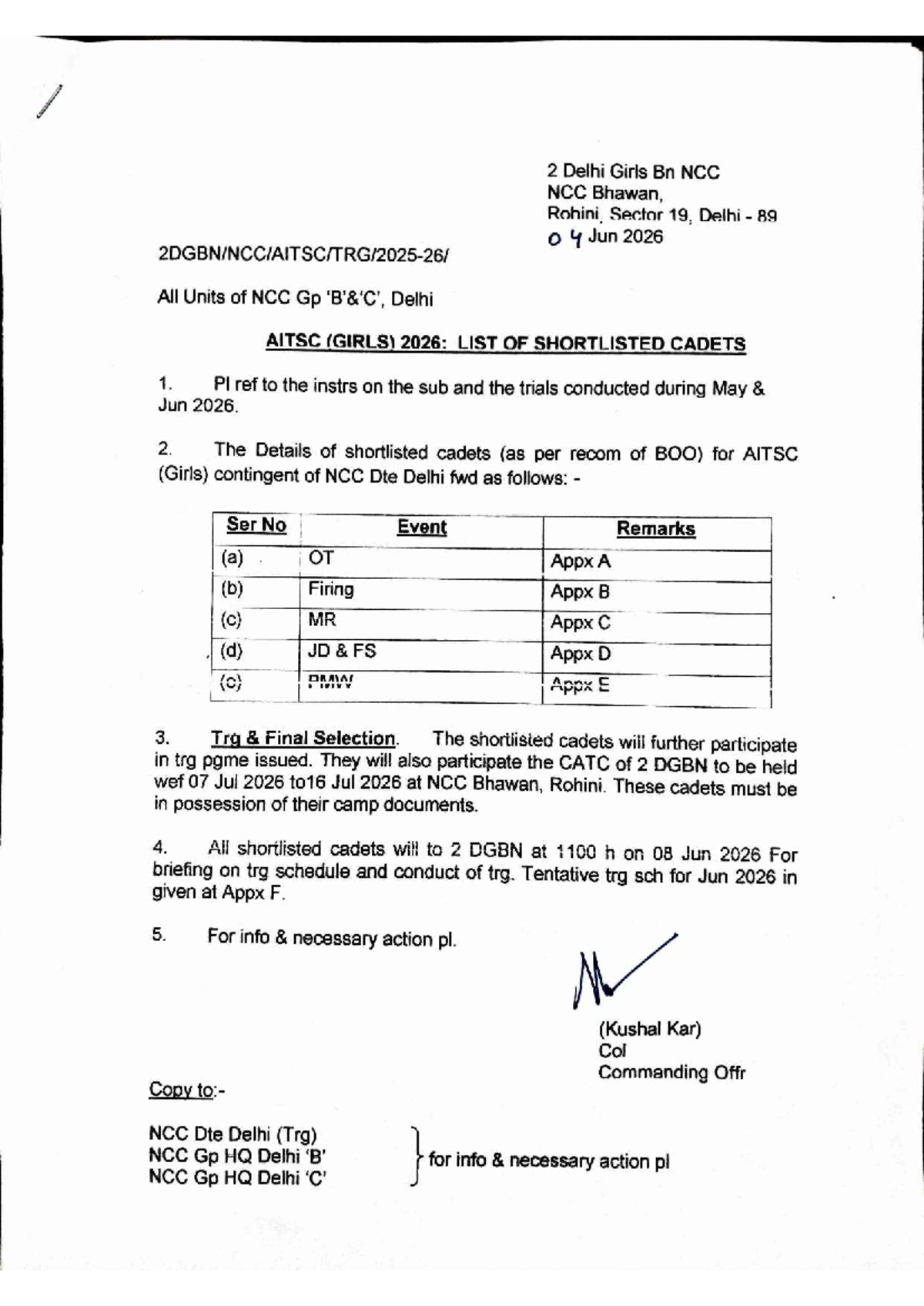 AITSC (GIRLS) 2026: Shortlisted Cadets & Training Schedule - Studocu
