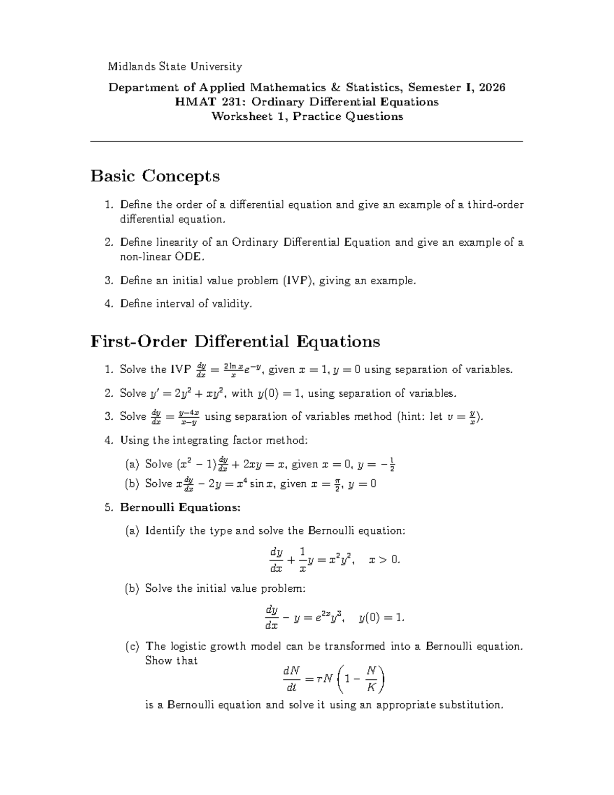 HMAT 231: ODE Worksheet 1 - Practice Questions and Solutions - Studocu