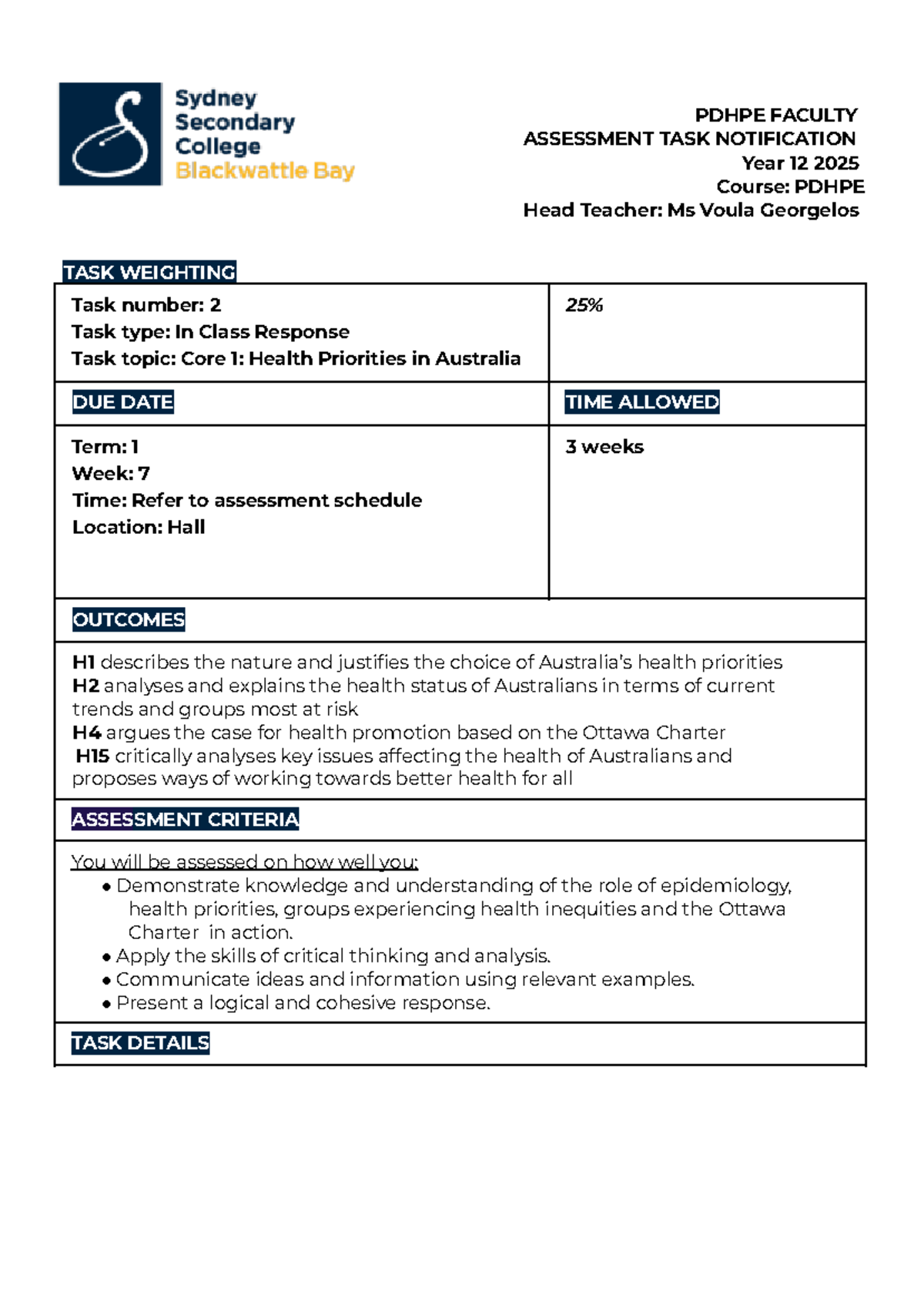 2025 12PE T2 Notification - PDHPE FACULTY ASSESSMENT TASK NOTIFICATION ...