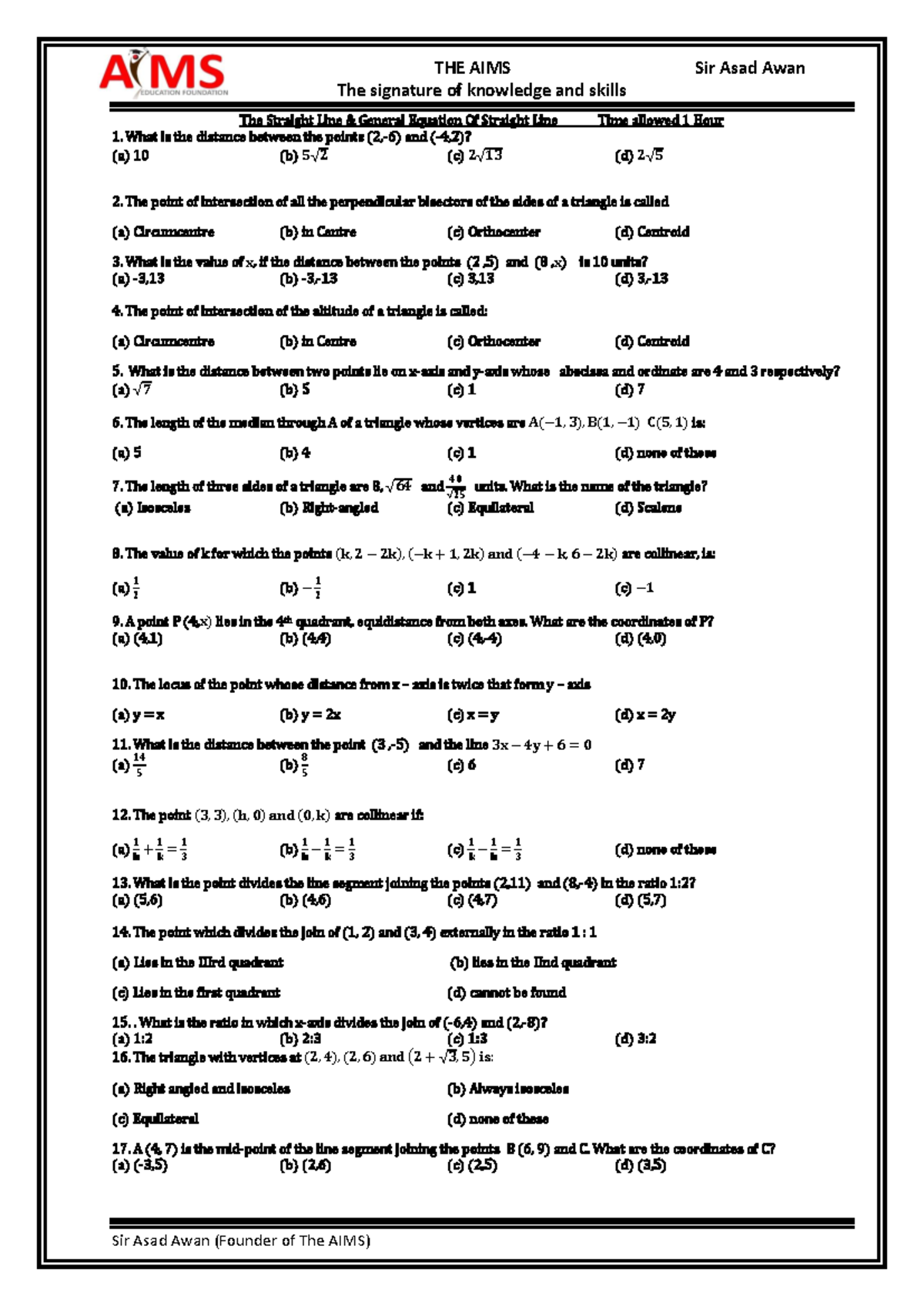 Straight Line Concepts and Problems - MATH101 Lecture Notes - Studocu