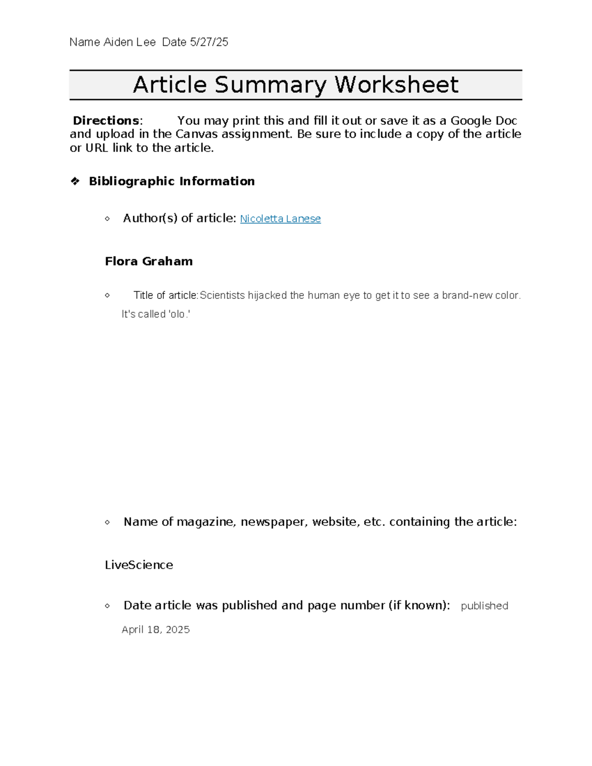 Aiden Lee - Article Summary Worksheet on Color Vision Research - Studocu