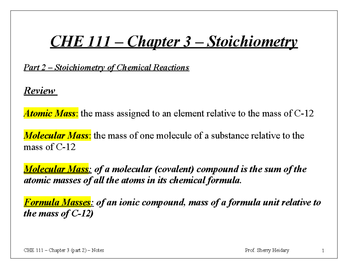 CHE 111 – Chapter 3: Stoichiometry of Chemical Reactions Notes - Studocu