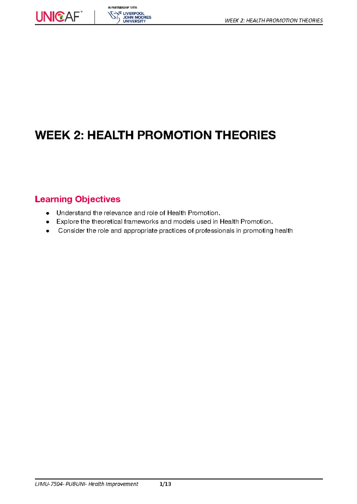 LJMU-7504- Pubuni Topic Overview WEEK2 - WEEK 2: HEALTH PROMOTION ...