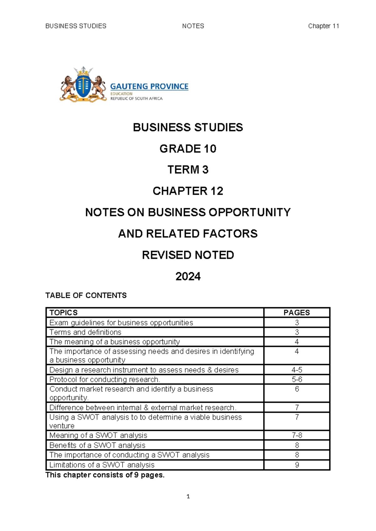 Grade 10 Business Studies: Chapter 12 Notes on Business Opportunities ...