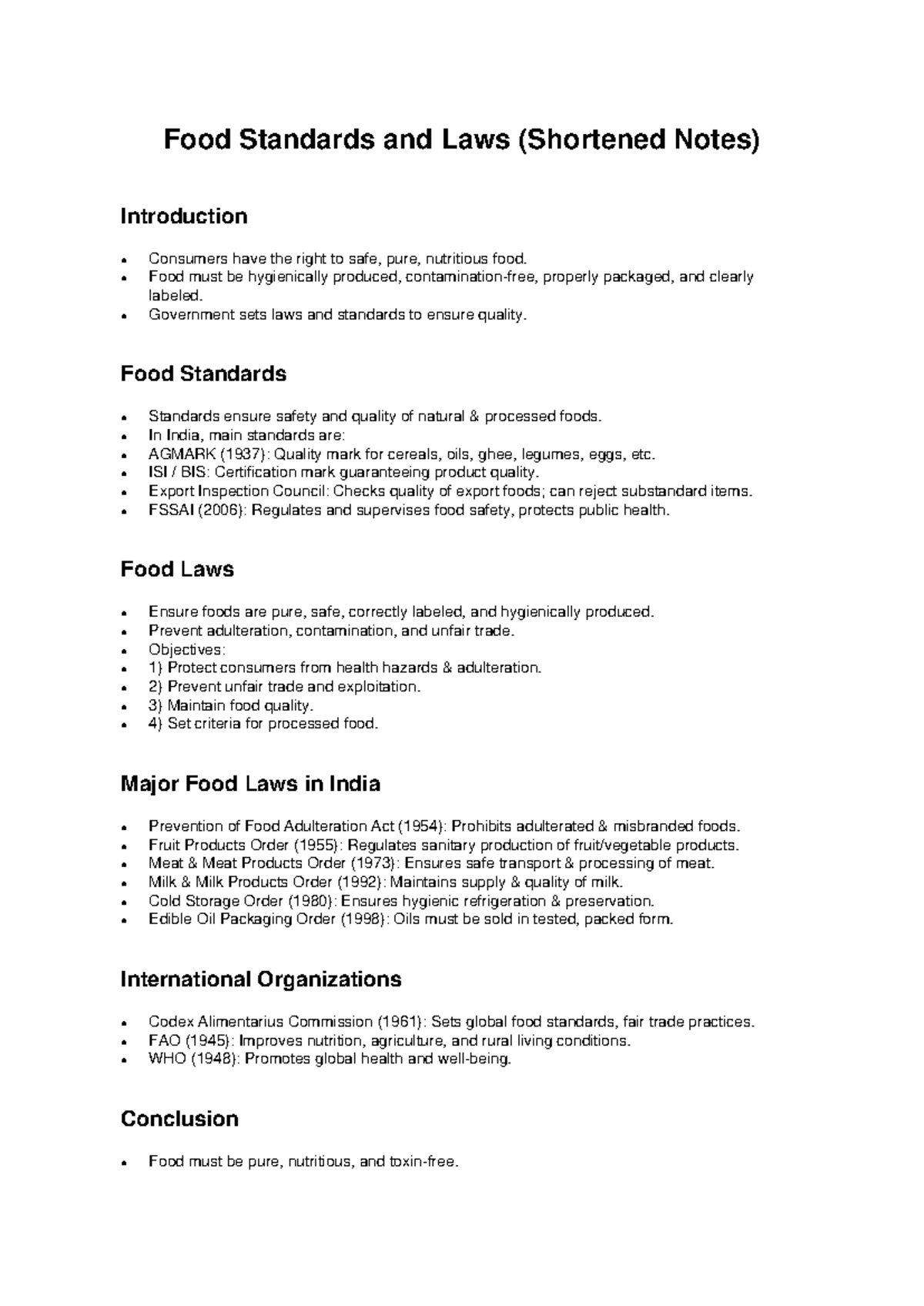 Food Standards and Laws (Shortened Notes) Overview - Studocu