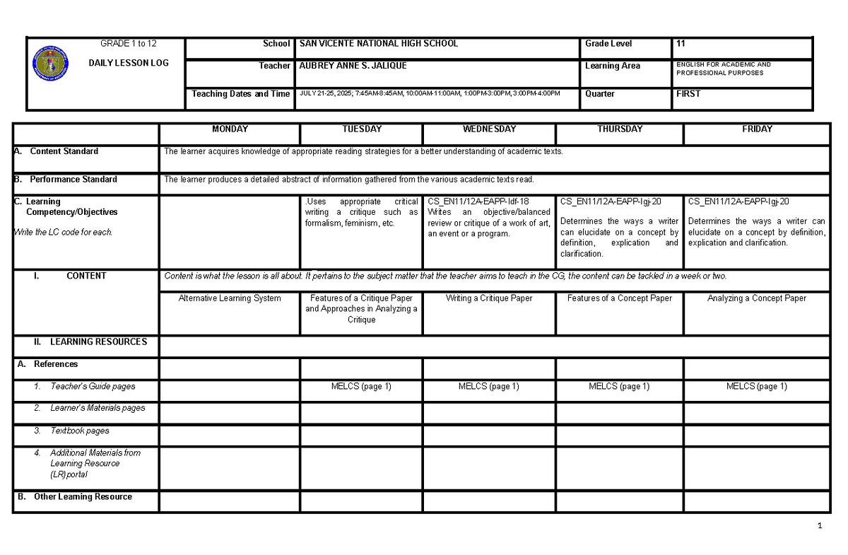Grade 11 Daily Lesson Log: English for Academic & Prof. Purposes - Studocu