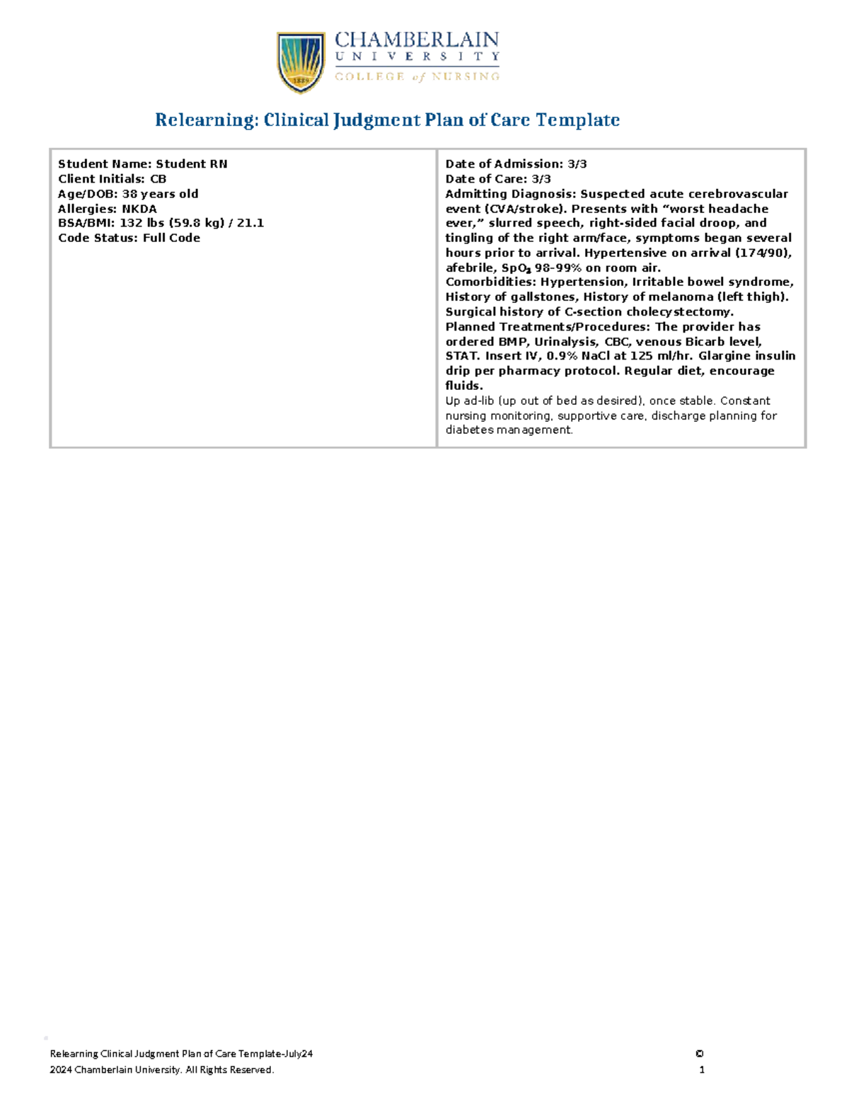 Relearning: Clinical Judgment Plan of Care Template for CB - 2024 - Studocu