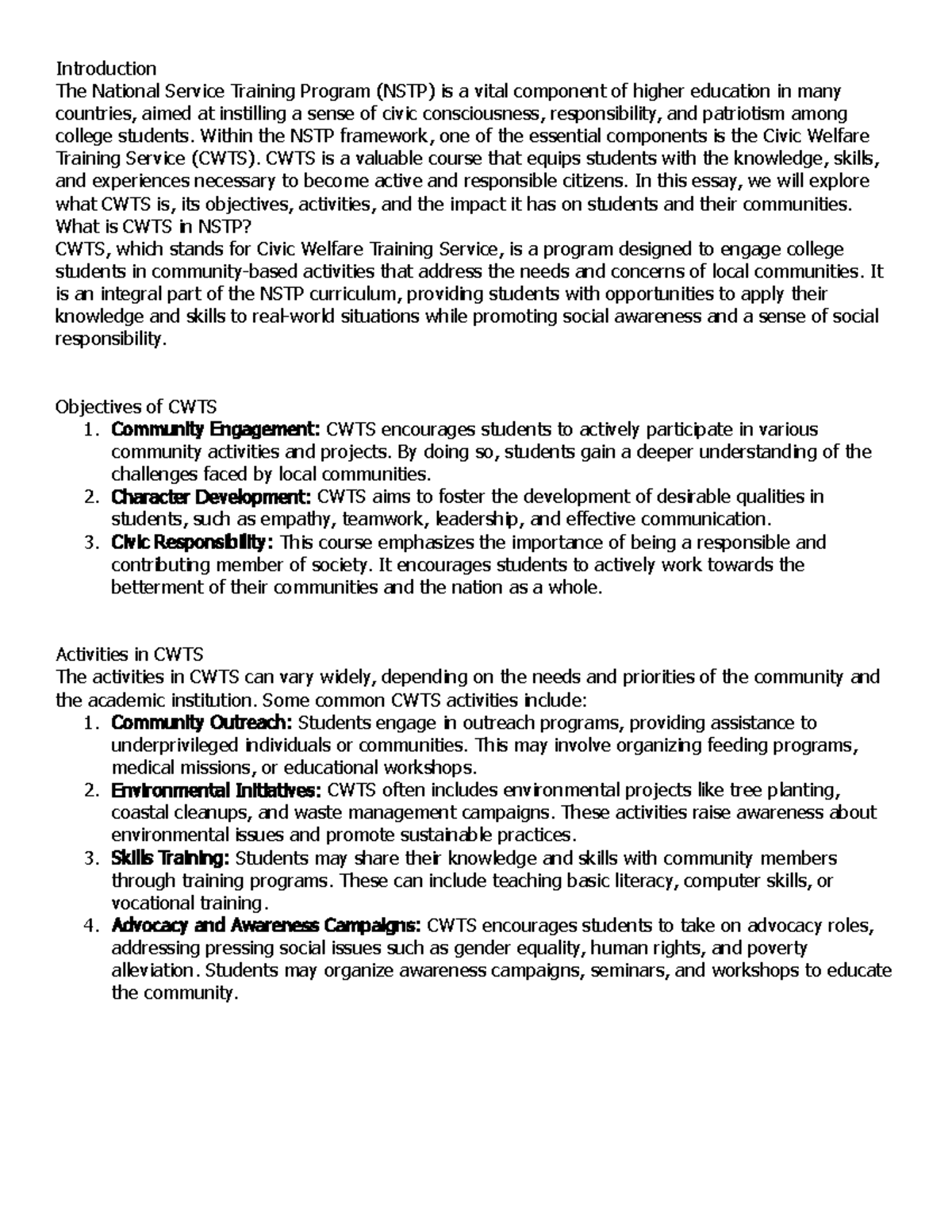 CWTS Insights: Understanding Civic Welfare in NSTP Essay - Studocu