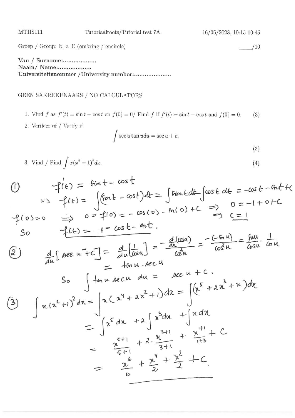 MTHS111 Tutorial Test 7 Memo 2023 - Studocu