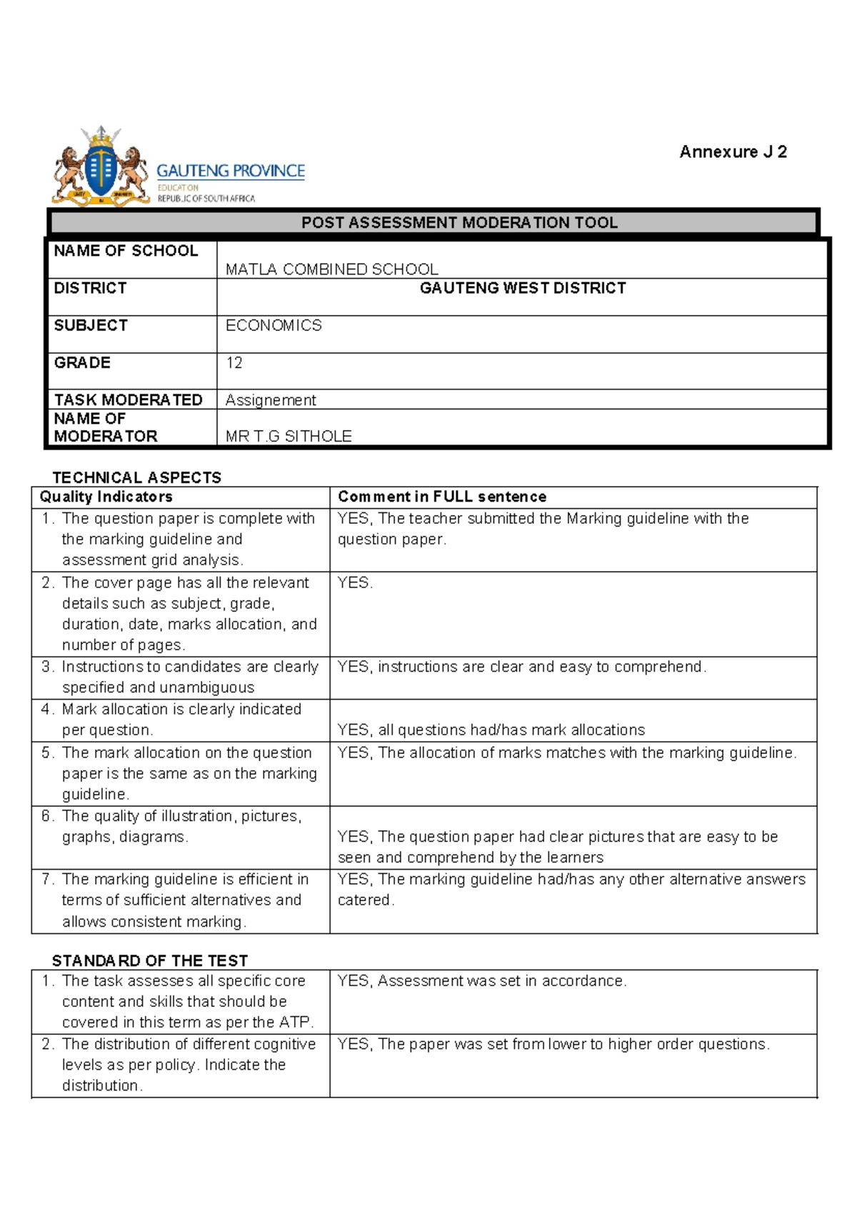 Assignment J2 ECON - Post Assessment Moderation Tool - Studocu