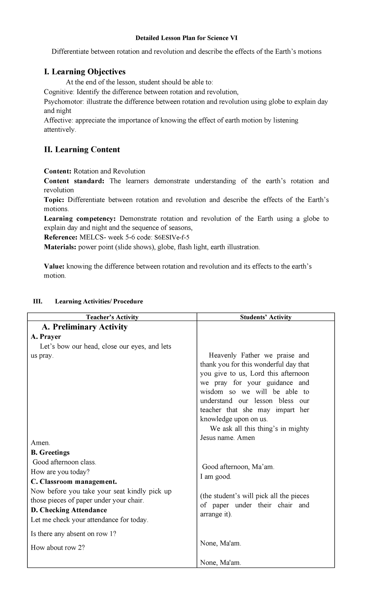 Detailed Lesson Plan on Rotation and Revolution - Science VI - Studocu
