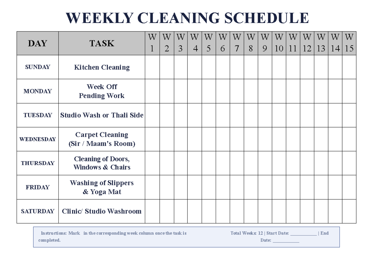 Weekly Cleaning Schedule-2 - WEEKLY CLEANING SCHEDULE Instructions ...