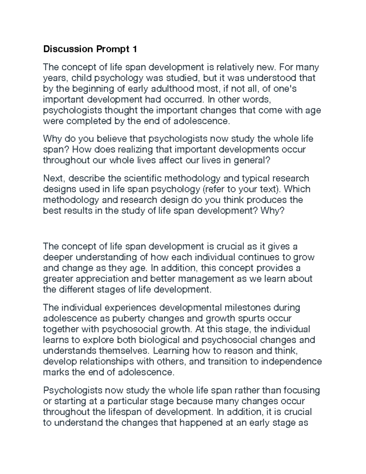 Psych 260 Discussion Week 1: Understanding Life Span Development - Studocu
