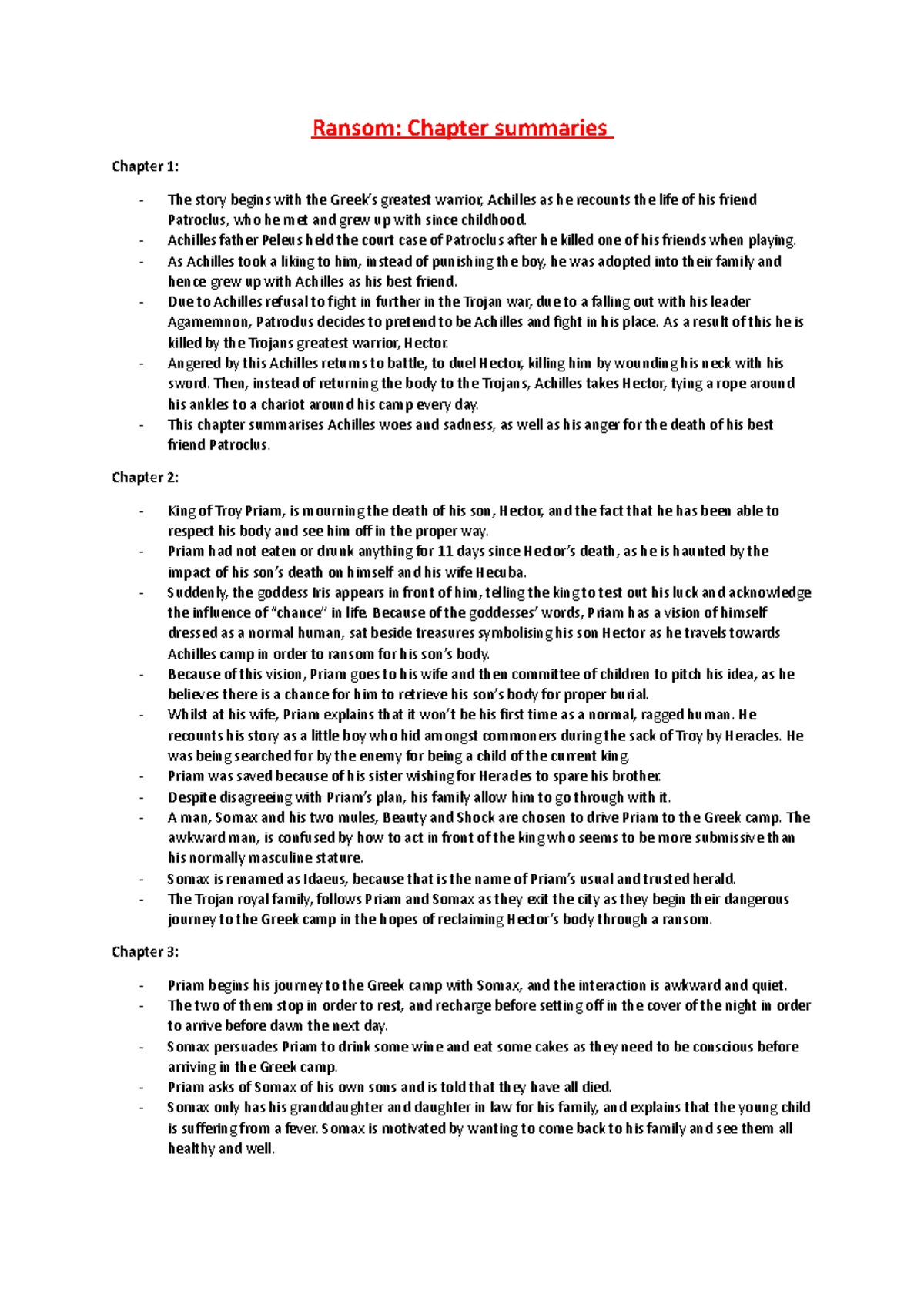 Ransom: Chapter Summaries for Literature Course (LIT101) - Studocu
