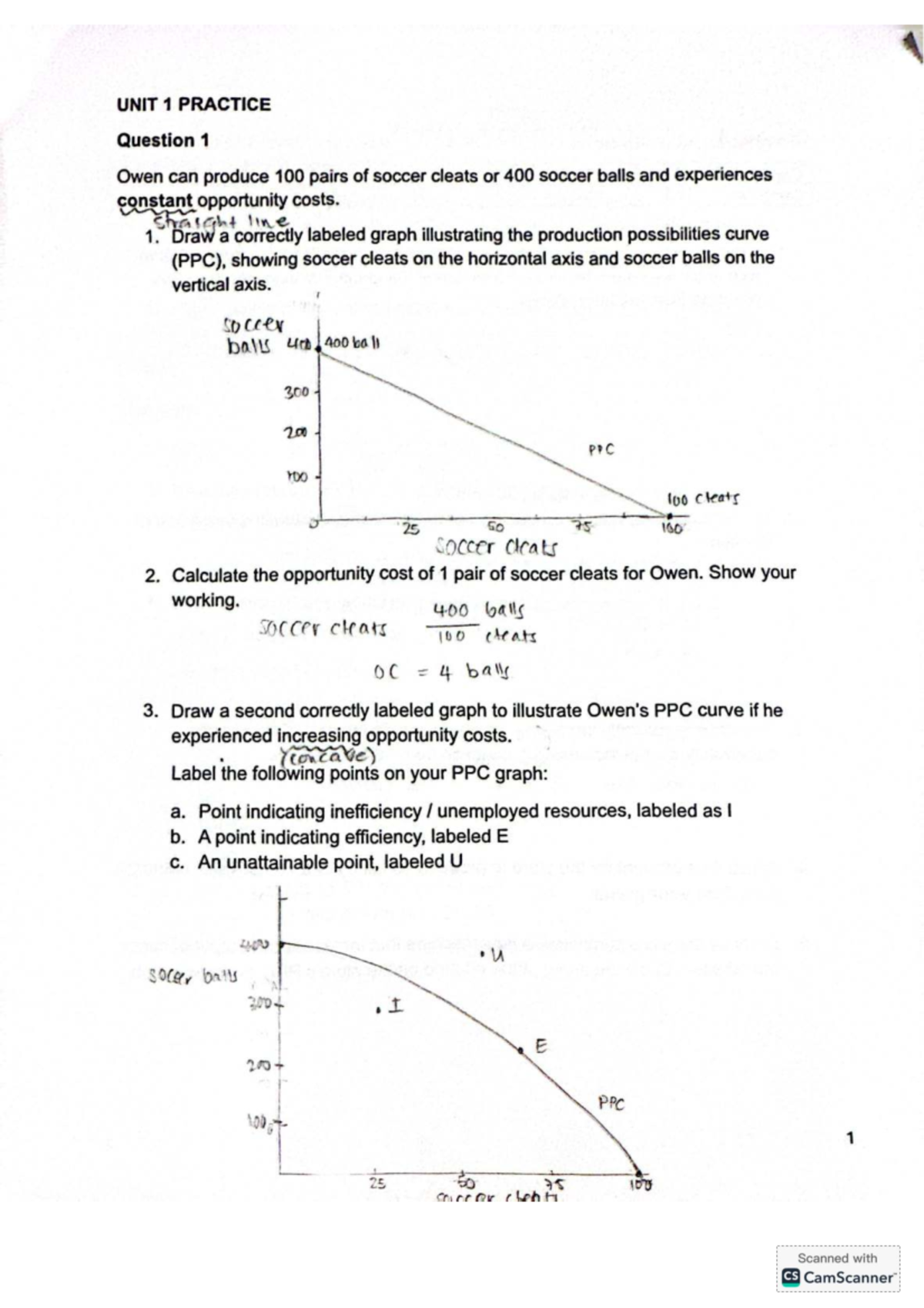 ECON 101: Unit 1 Practice on Production Possibilities Curves and ...