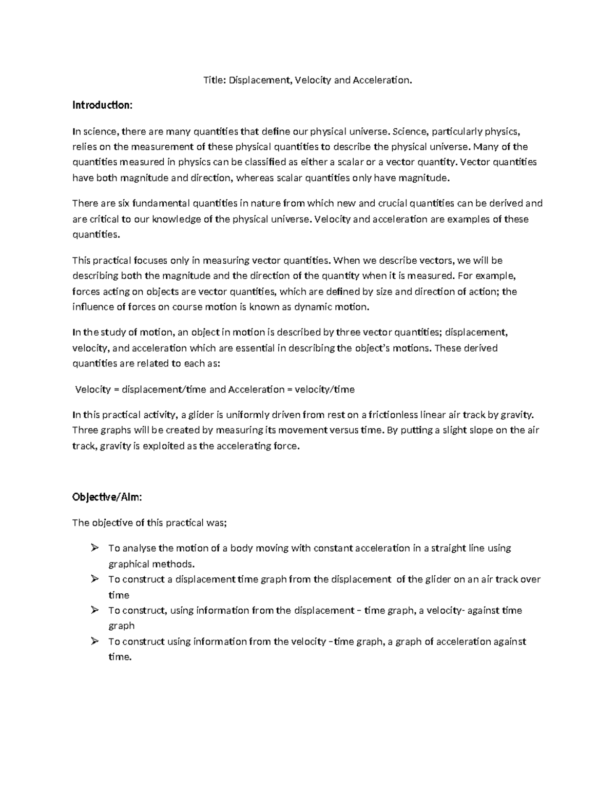 Physics Lab Report #4: Analyzing Displacement, Velocity & Acceleration - Studocu