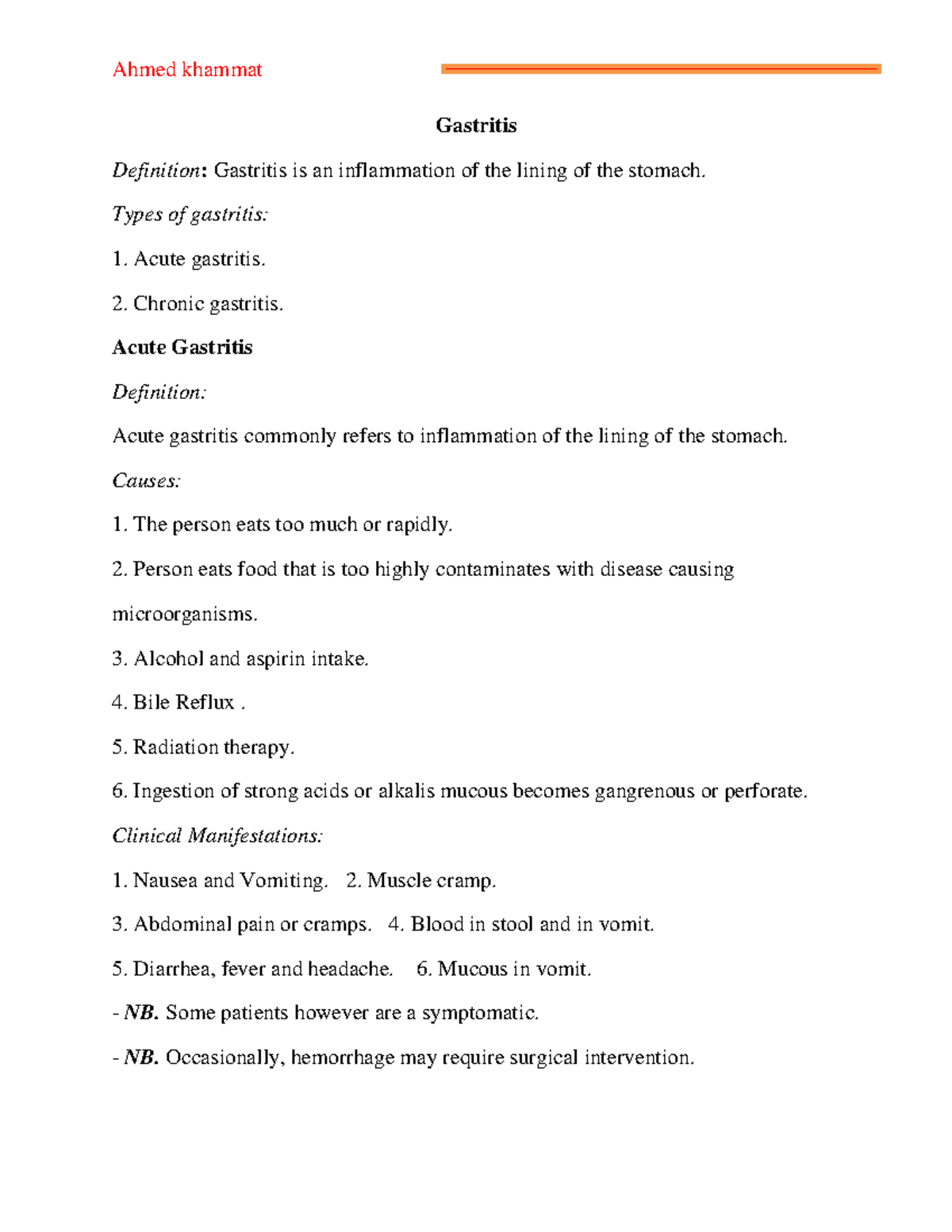 Gastritis Overview: Types, Causes, Symptoms, and Management Notes - Studocu