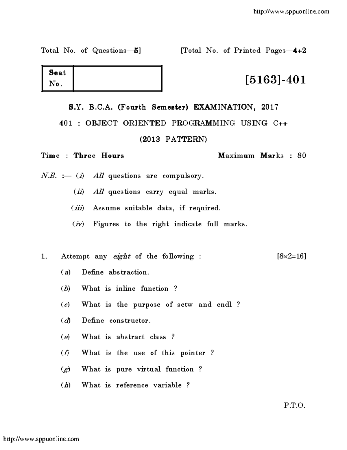 BCA 401: Object Oriented Programming Exam Paper - April 2017 - Studocu