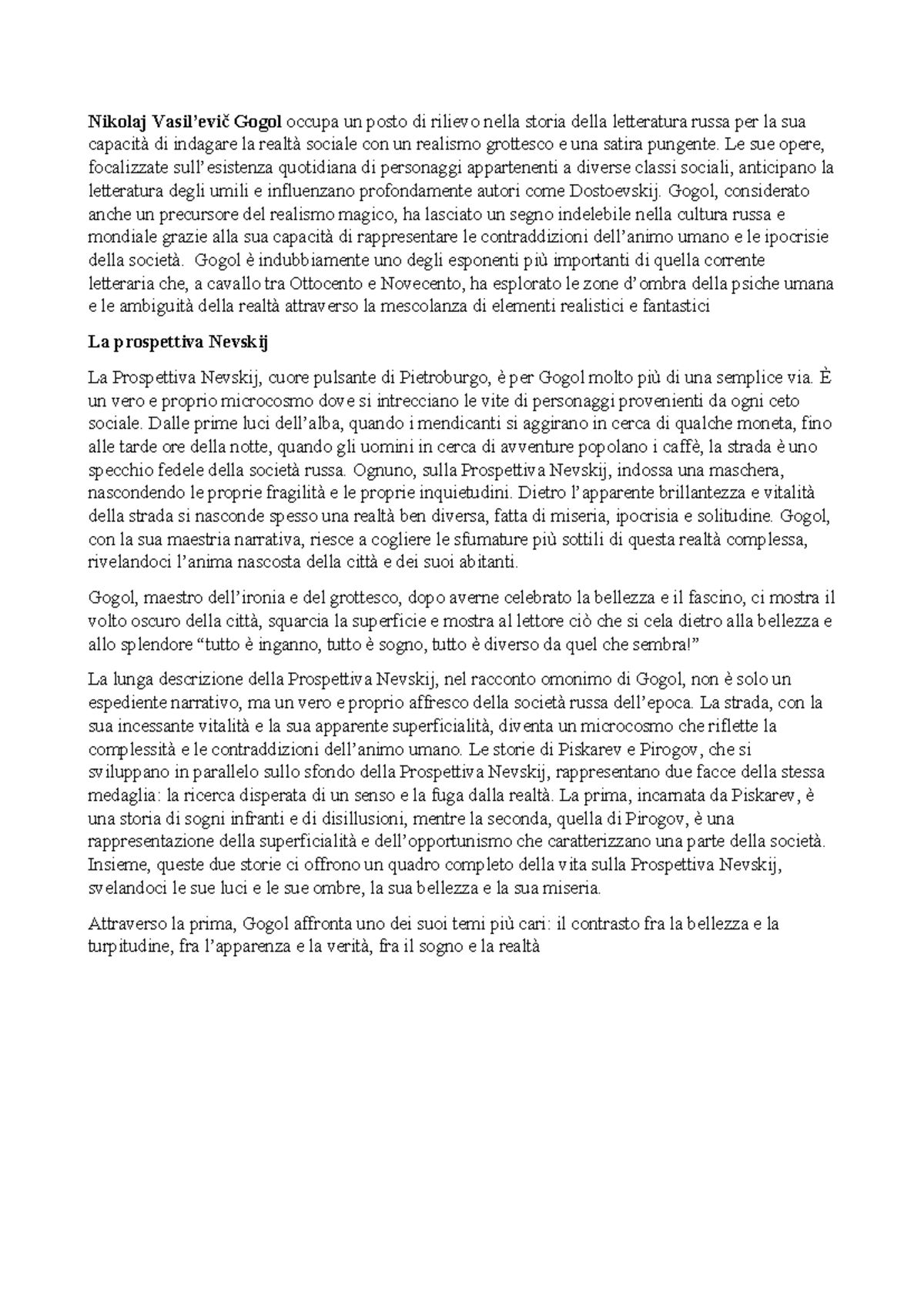 Gogol - Appunti sulla Prospettiva Nevskij e il Realismo Grottesco - Studocu