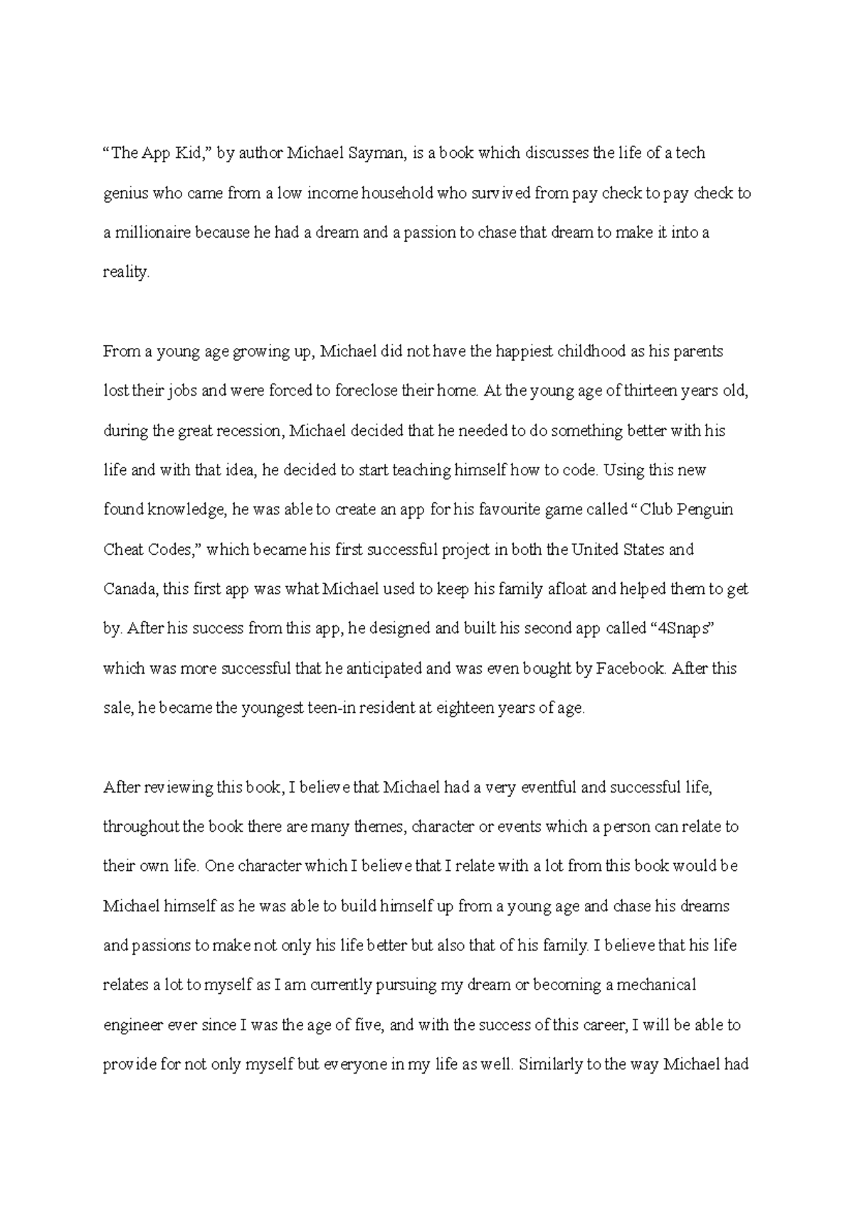 Common Reading Reflective Essay - “The App Kid,” by author Michael ...