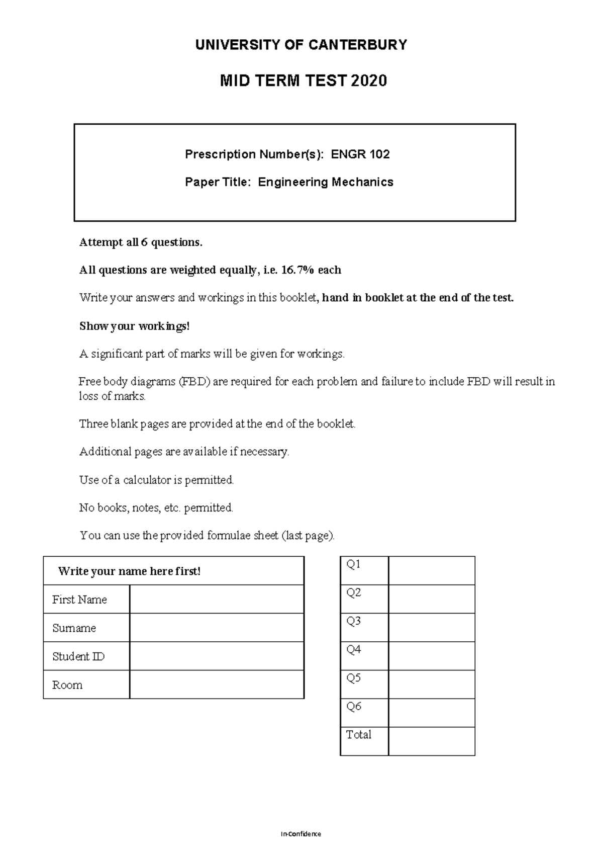 ENGR 102 Midterm Test 2020: Engineering Mechanics Solutions - Studocu