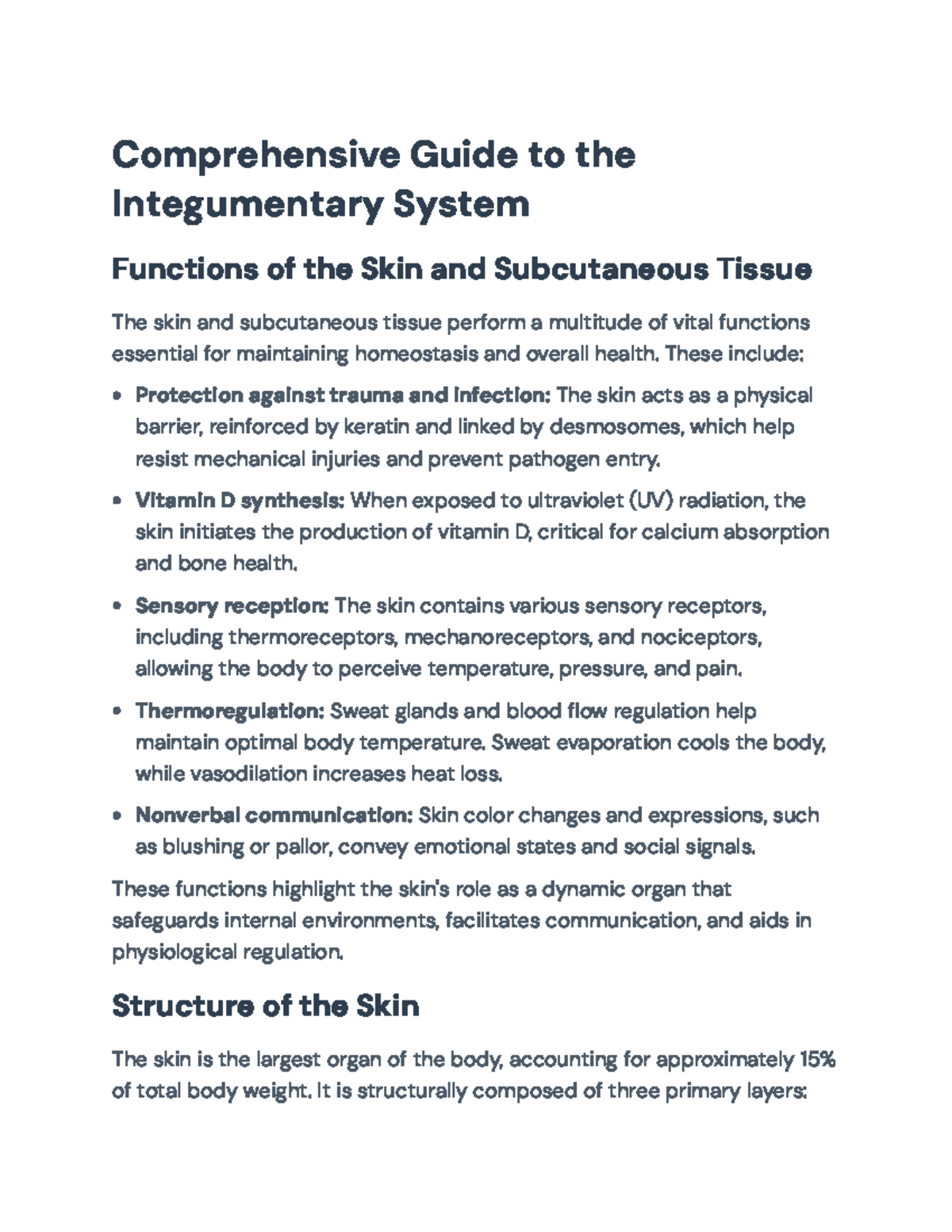 Comprehensive Guide to the Integumentary System: Structure & Functions (BIO101) - Studocu