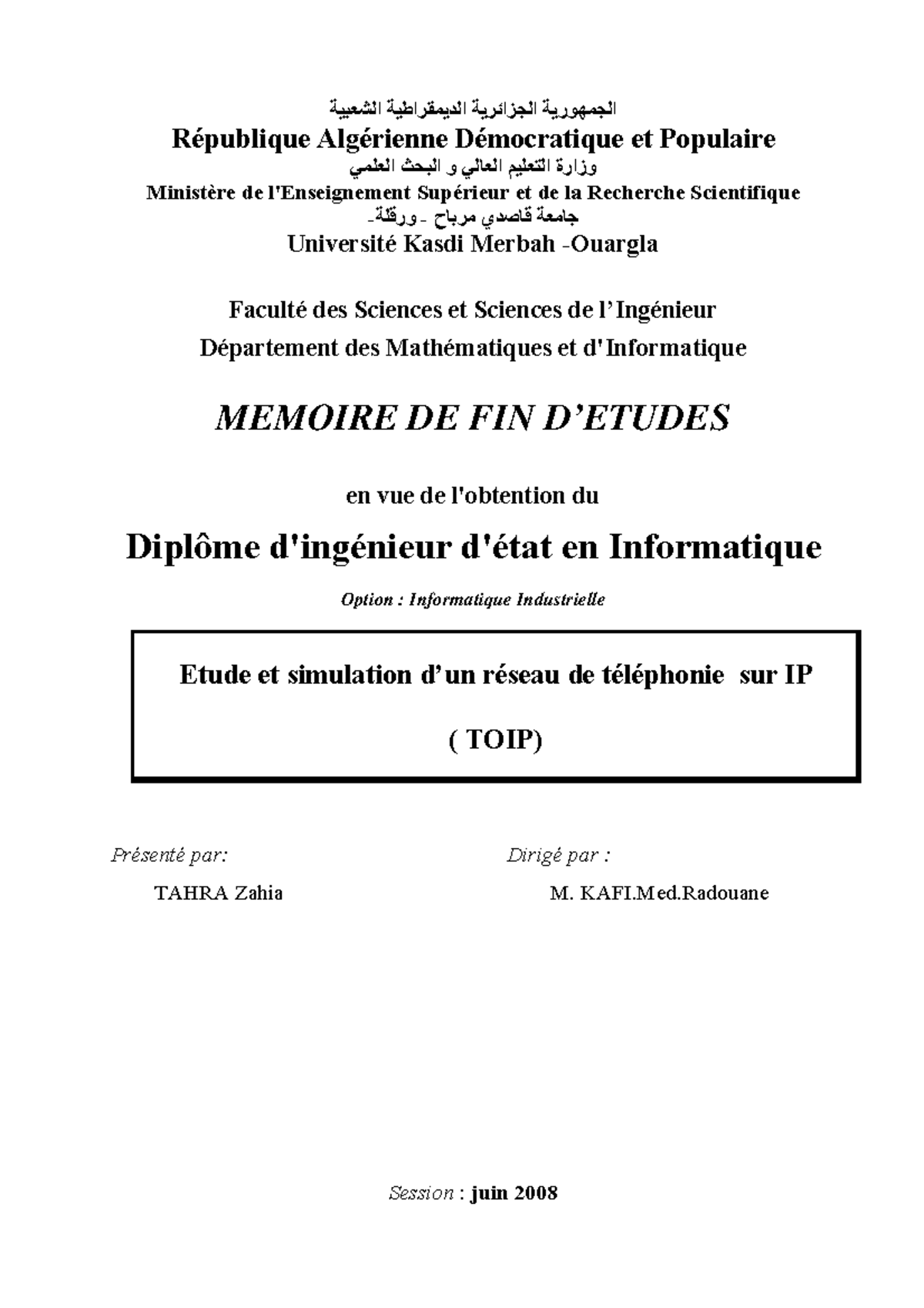 Ing tahra zahia - MEMOIRE DE FIN D’ETUDES en vue de l'obtention du ...