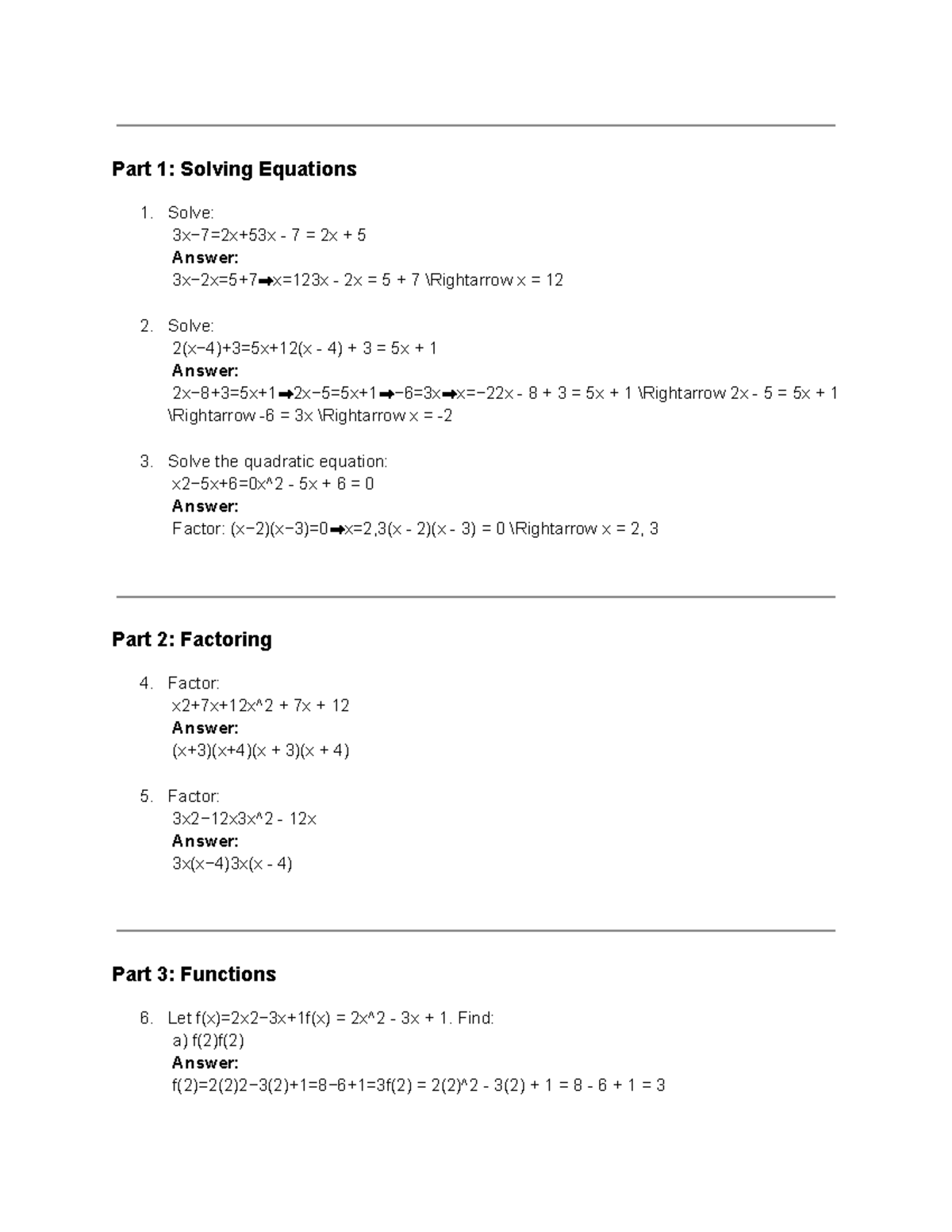 MATH 102. College Algebra Skills - Google Docs - Part 1: Solving ...