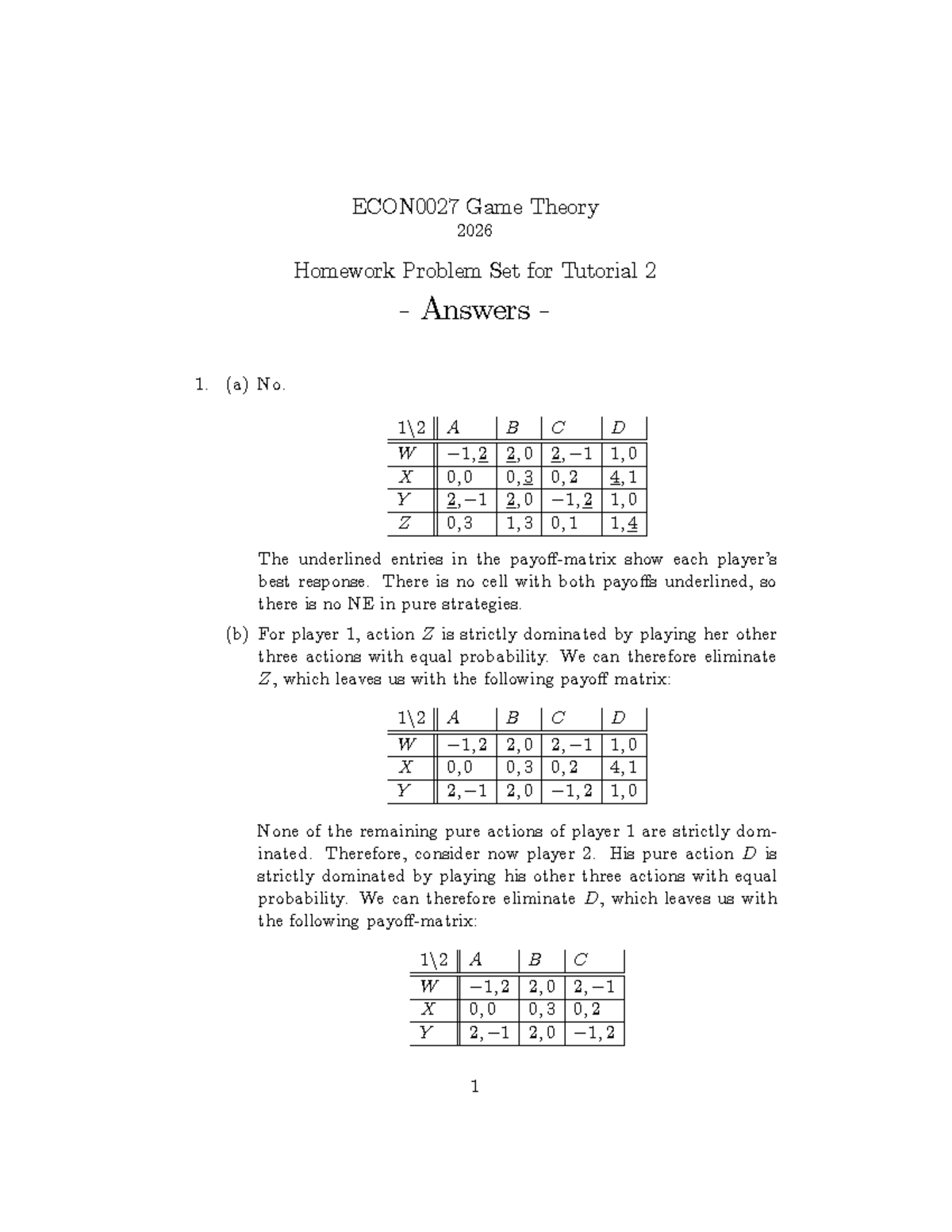 ECON0027 Game Theory 2026 Homework Problem Set 2 Solutions - Studocu
