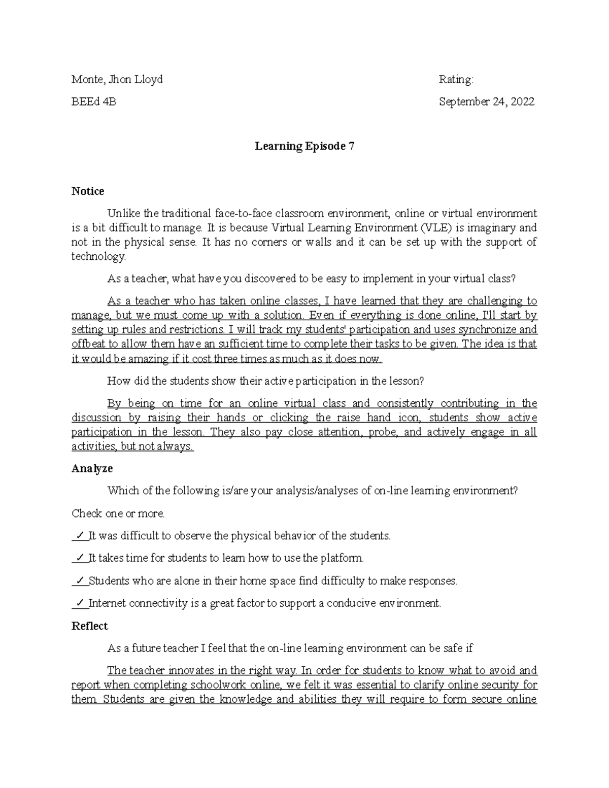 Episode-7-FS-2 Monte - asdgvasdf - Monte, Jhon Lloyd Rating: BEEd 4B September 24, 2022 Learning ...