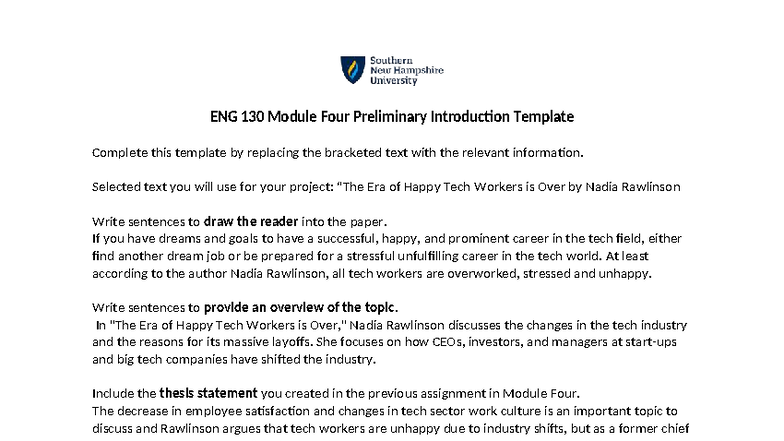 ENG 130 Module Four Preliminary Introduction - Selected text you will ...