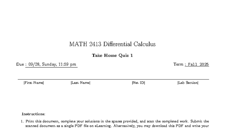 MATH 2413 Differential Calculus Take Home Quiz 1 - Fall 2025 - Studocu