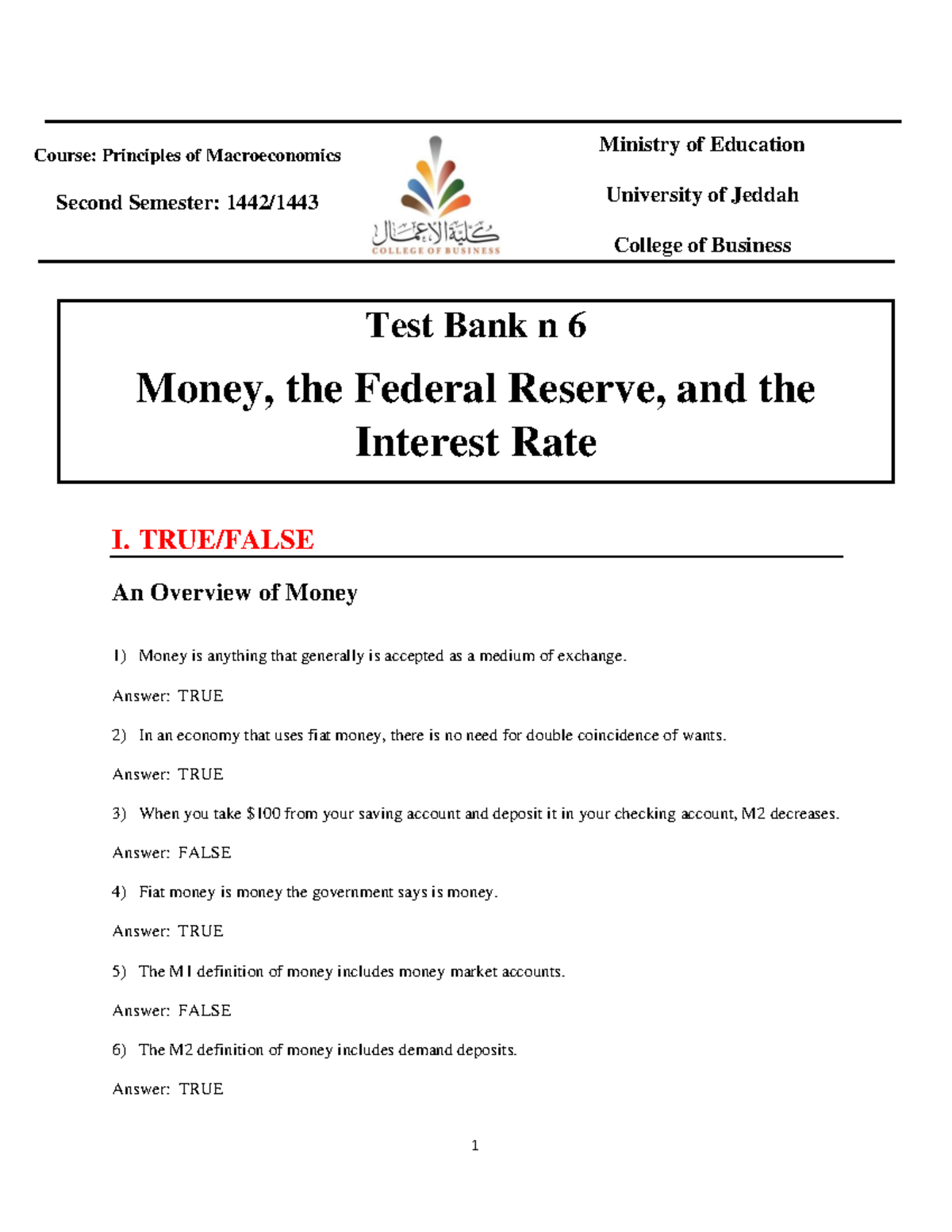 Ch10 Test Bank: Money, Federal Reserve, and Interest Rates - Studocu